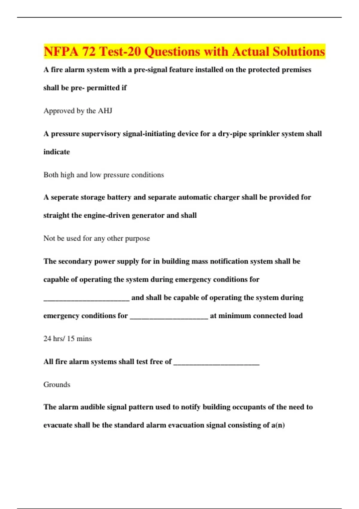 NFPA 72 Test-20 Questions with Actual Solutions - NFPA 72 - Stuvia US
