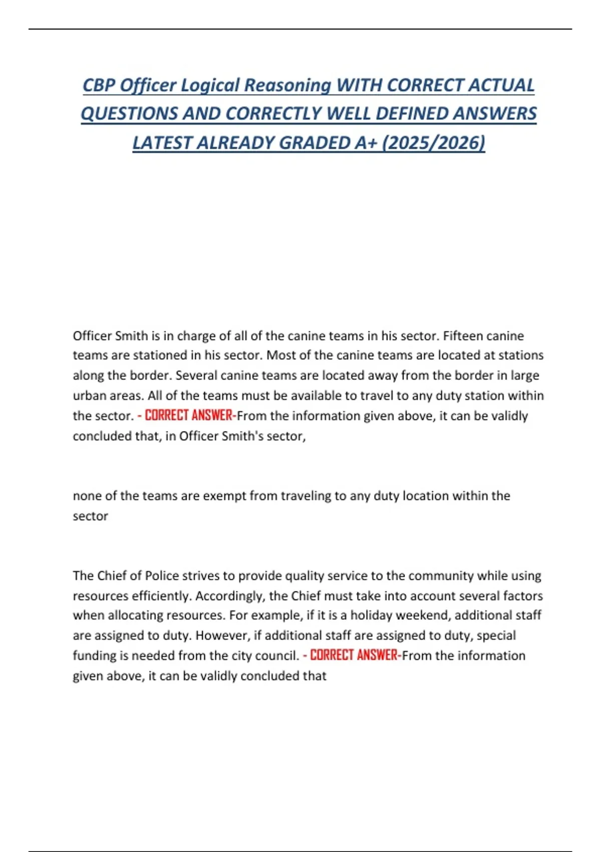 CBP Officer Logical Reasoning WITH CORRECT ACTUAL QUESTIONS AND ...