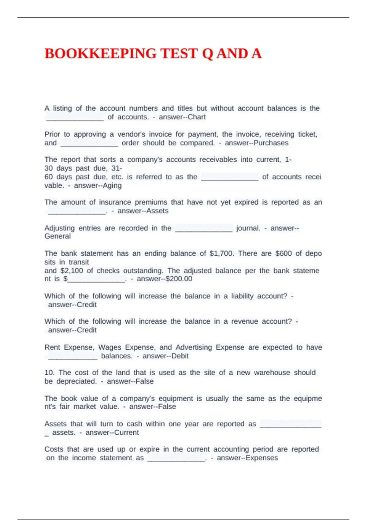 BOOKKEEPING TEST Q AND A - ASB BOOKKEEPING - Stuvia US