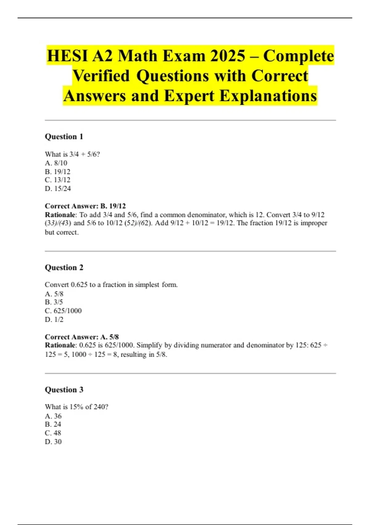 HESI A2 Math Exam 2025 – Complete Verified Questions with Correct Answers and Expert ...