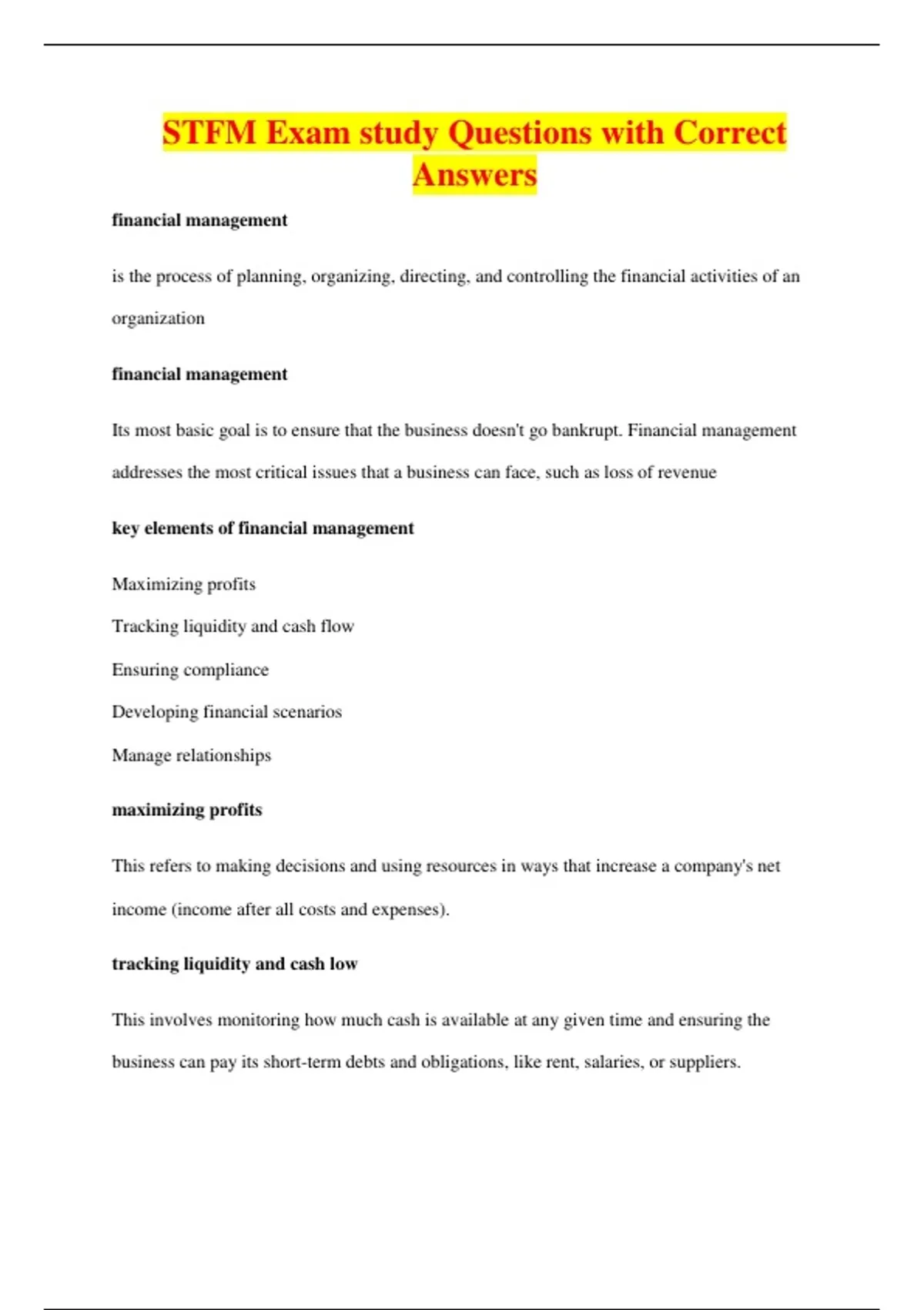 STFM Exam study Questions with Correct Answers - STFM - Stuvia US