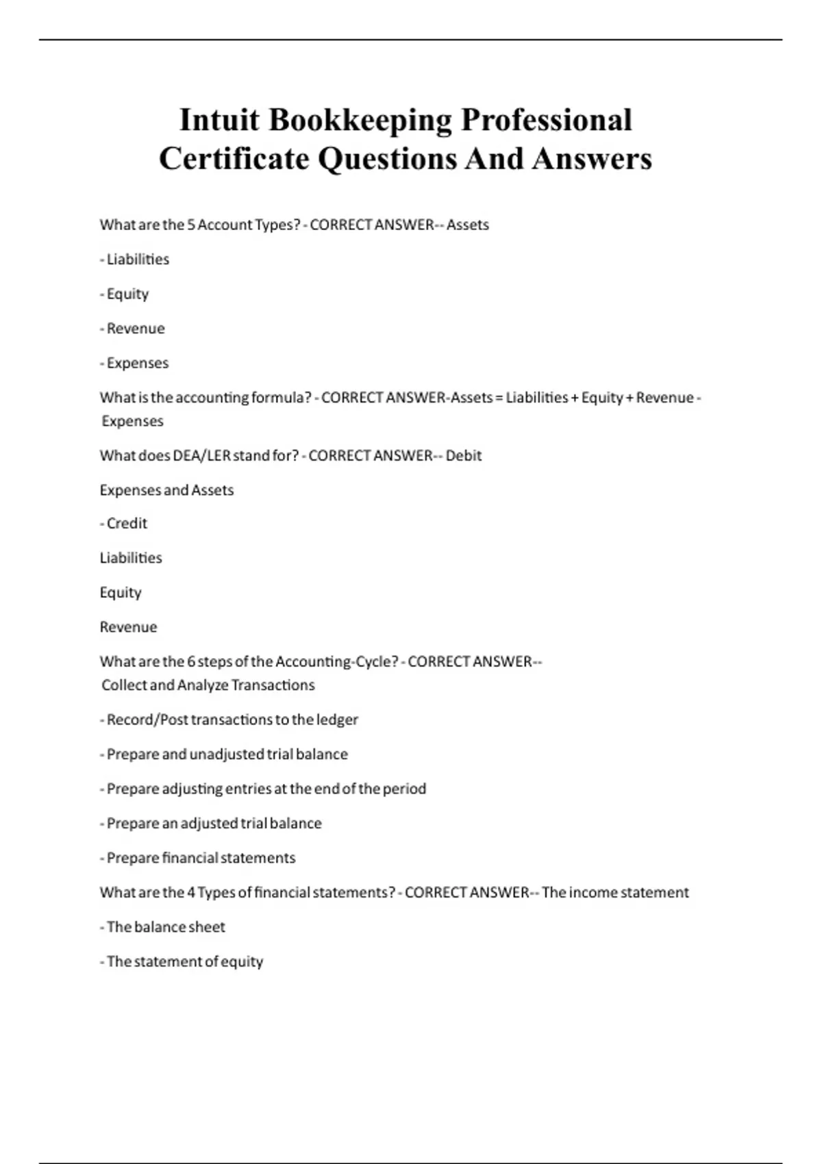Intuit Bookkeeping Professional Certificate Questions And Answers ...