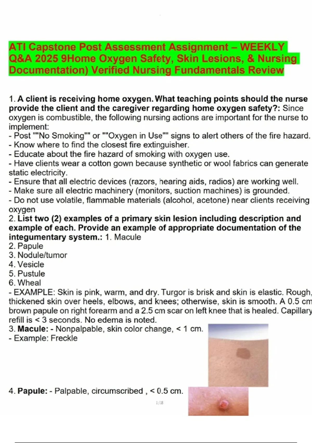 ATI Capstone Post Assessment Assignment – WEEKLY Q&A 2025 9Home Oxygen Safety, Skin Lesions ...