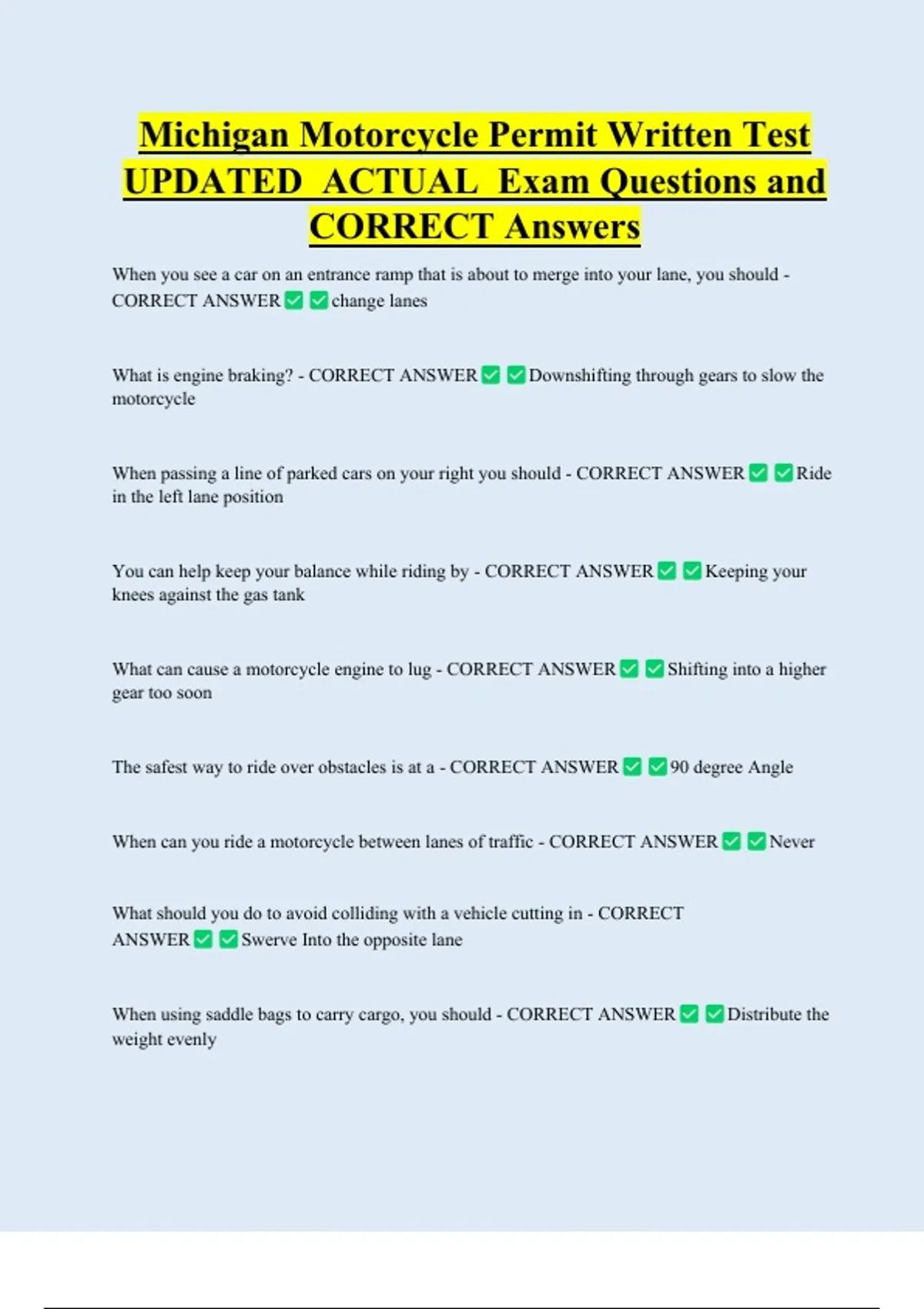 Michigan Motorcycle Permit Written Test UPDATED ACTUAL Exam Questions ...
