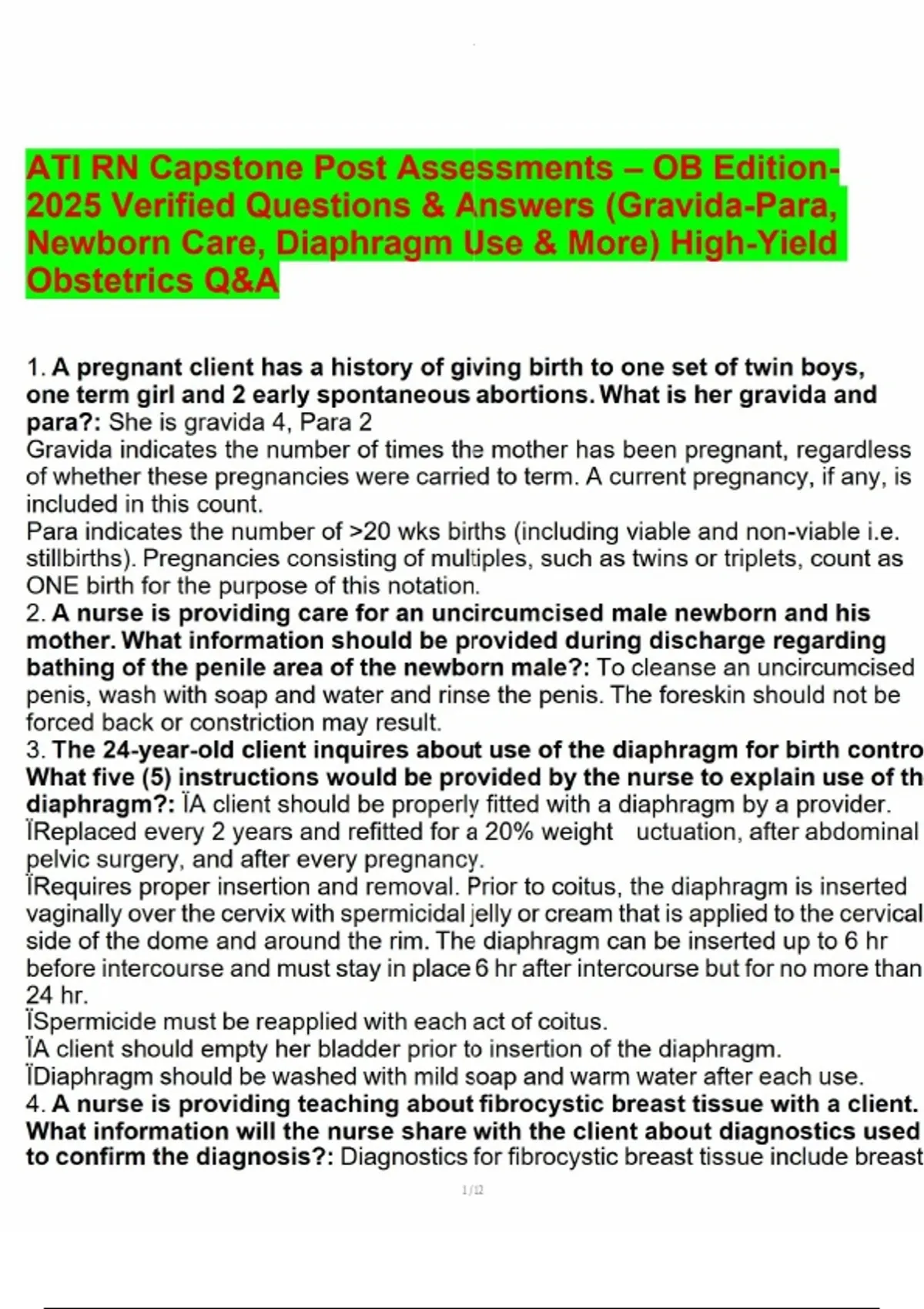 ATI RN Capstone Post Assessments – OB Edition-2025 Verified Questions & Answers (Gravida-Para ...