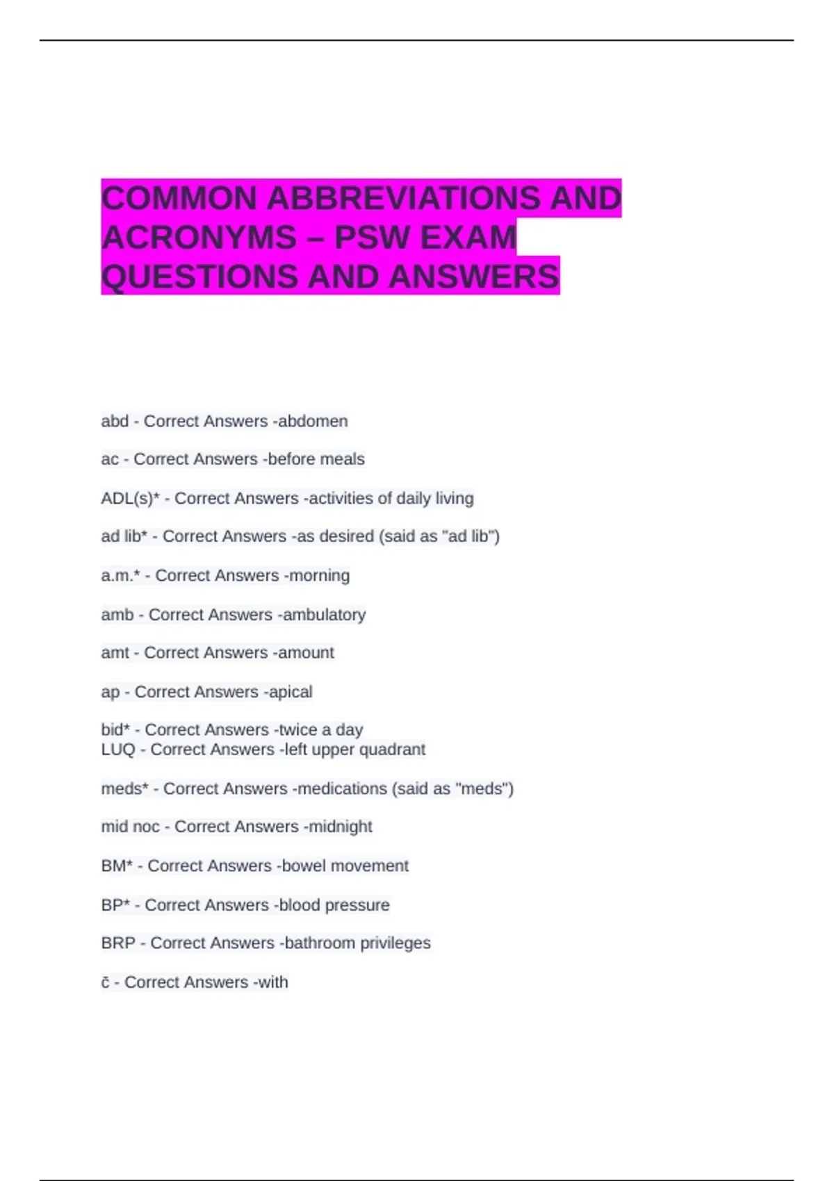 COMMON ABBREVIATIONS AND ACRONYMS – PSW EXAM QUESTIONS AND ANSWERS ...