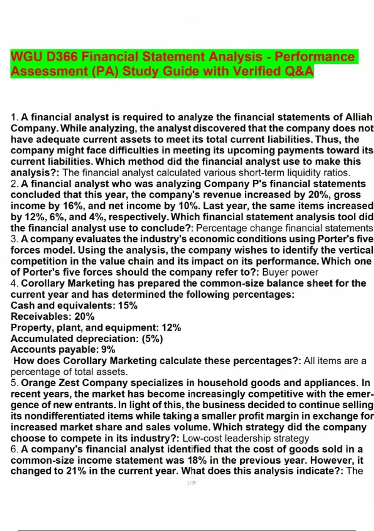 WGU D366 Financial Statement Analysis - Performance Assessment (PA ...
