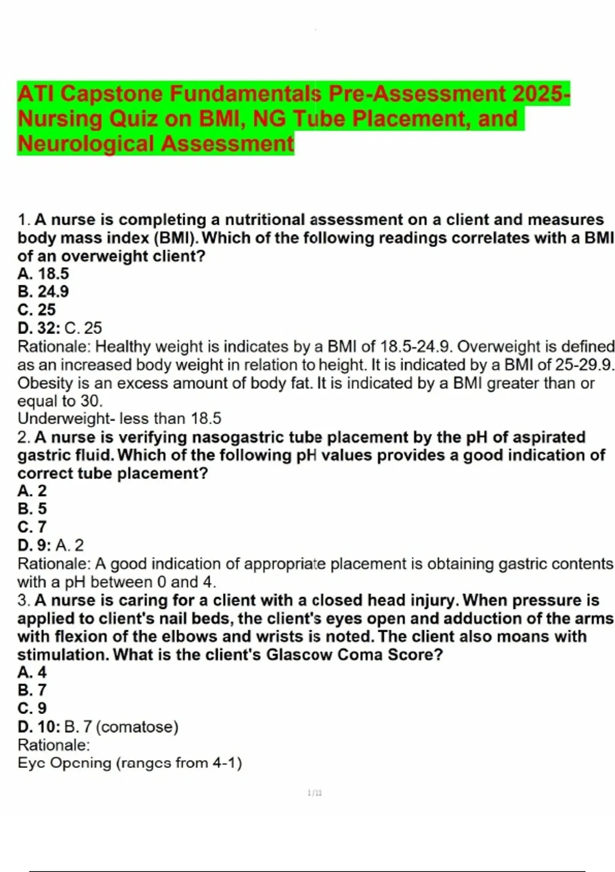 ATI Capstone Fundamentals Pre-Assessment 2025-Nursing Quiz on BMI, NG ...