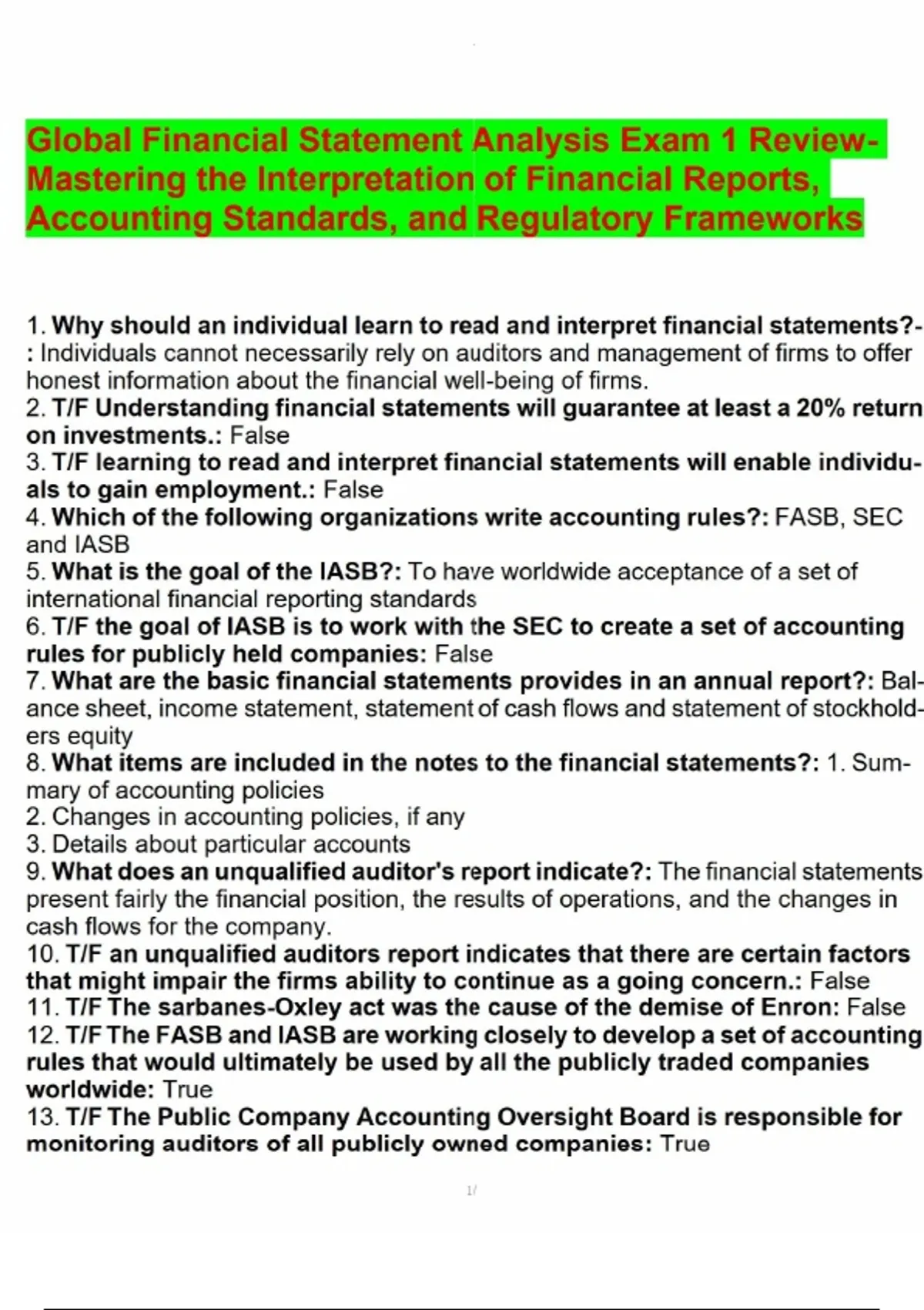 Global Financial Statement Analysis Exam 1 Review- Mastering the ...