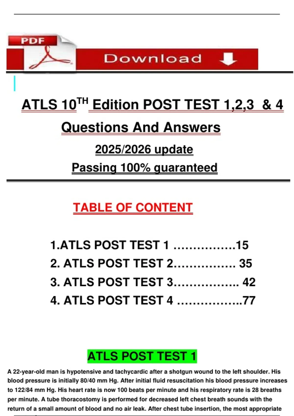 ATLS 10TH Edition POST TEST 1,2,3 & 4 Questions And Answers 2025/2025 ...