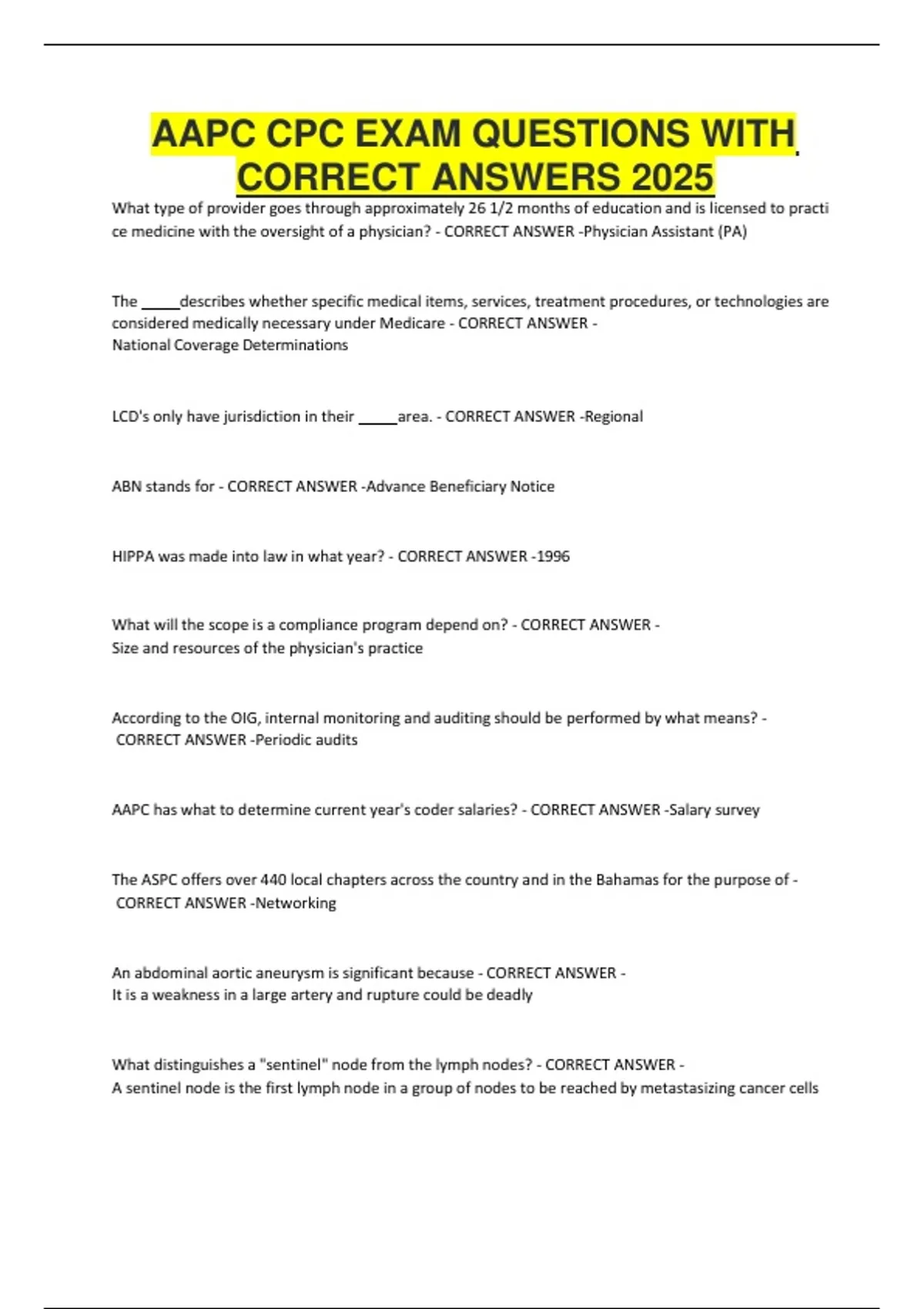AAPC CPC Exam Questions with Correct Answers 2025 | Certified ...