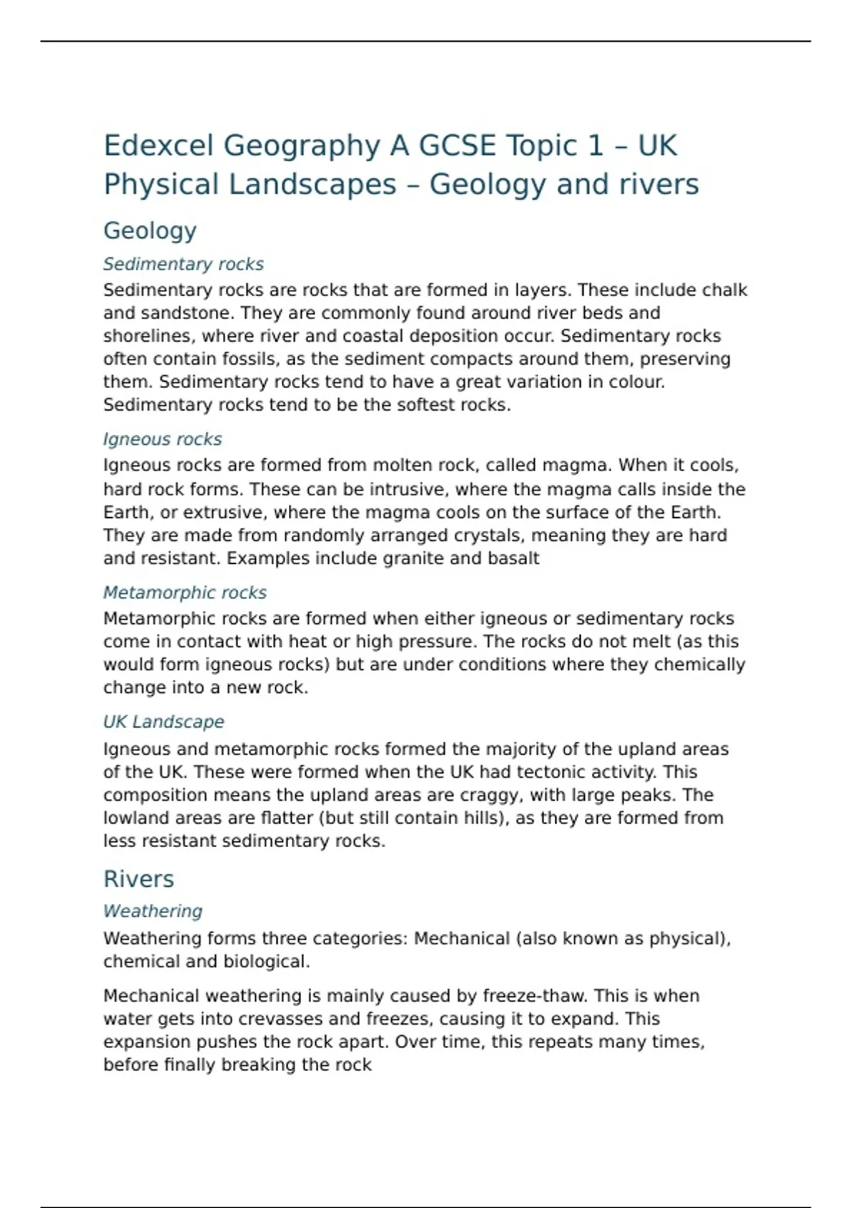 Edexcel Geography A GCSE – Topic 1 UK Physical Landscapes (Geology and ...