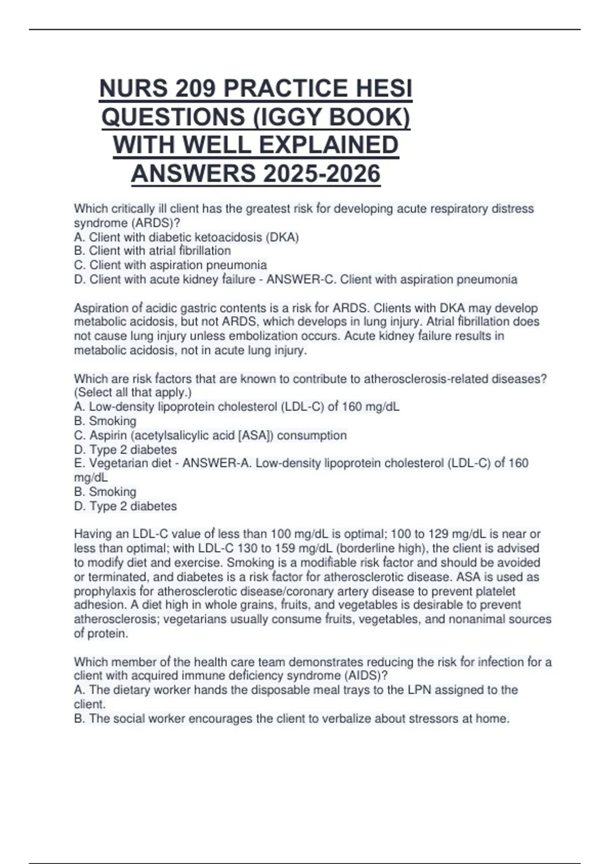 NURS 209 PRACTICE HESI QUESTIONS (IGGY BOOK) WITH WELL EXPLAINED ...