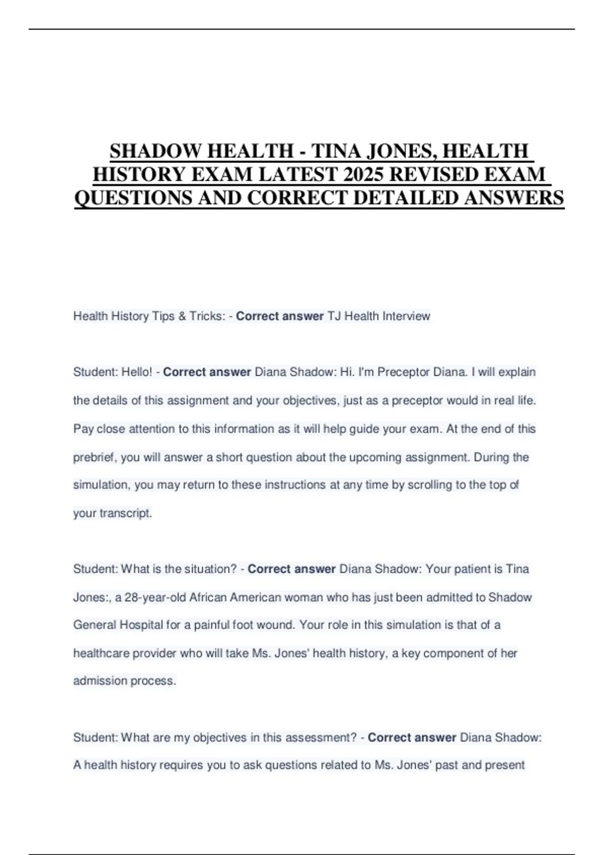 SHADOW HEALTH - TINA JONES, HEALTH HISTORY EXAM LATEST 2025 REVISED ...