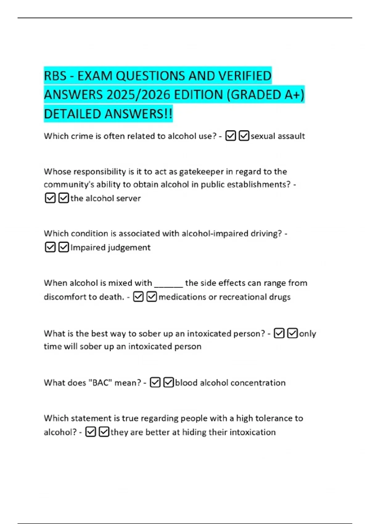 RBS - EXAM QUESTIONS AND VERIFIED ANSWERS 2025/2026 EDITION (GRADED A+ ...