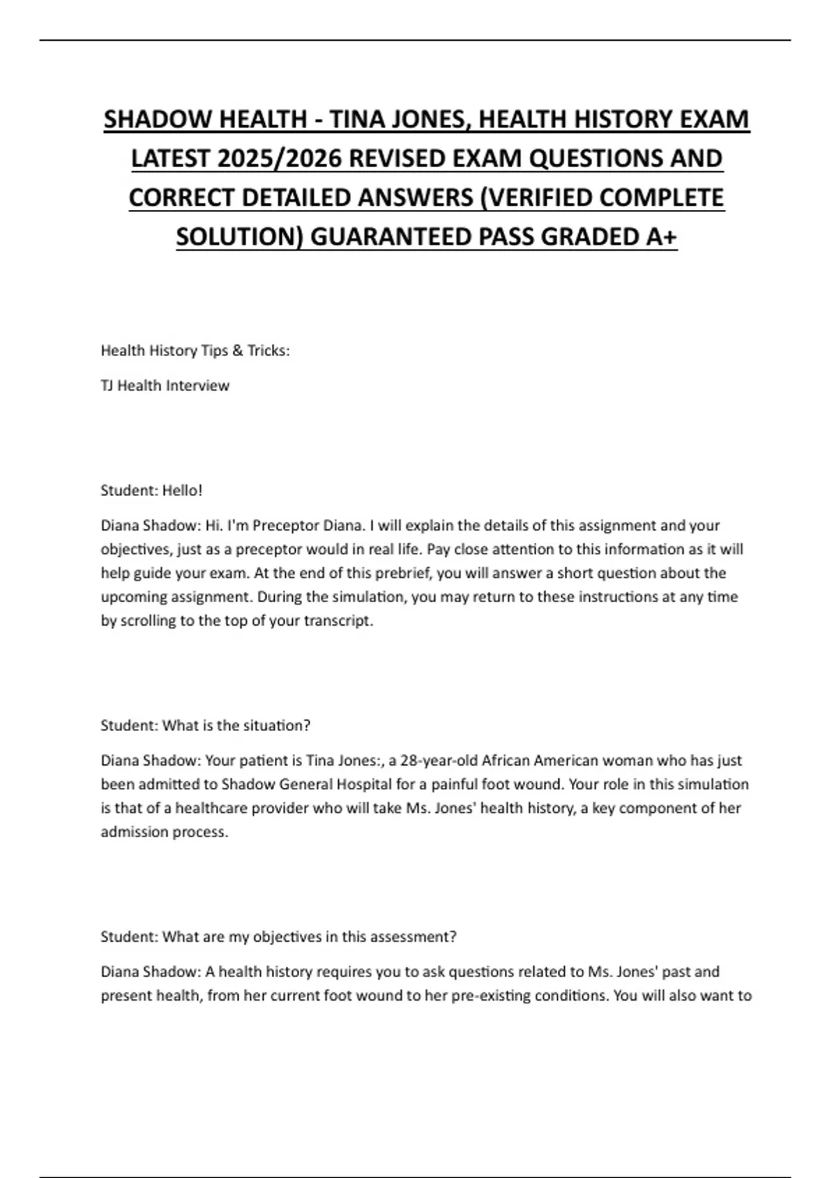 SHADOW HEALTH - TINA JONES, HEALTH HISTORY EXAM LATEST 2025/2026 ...