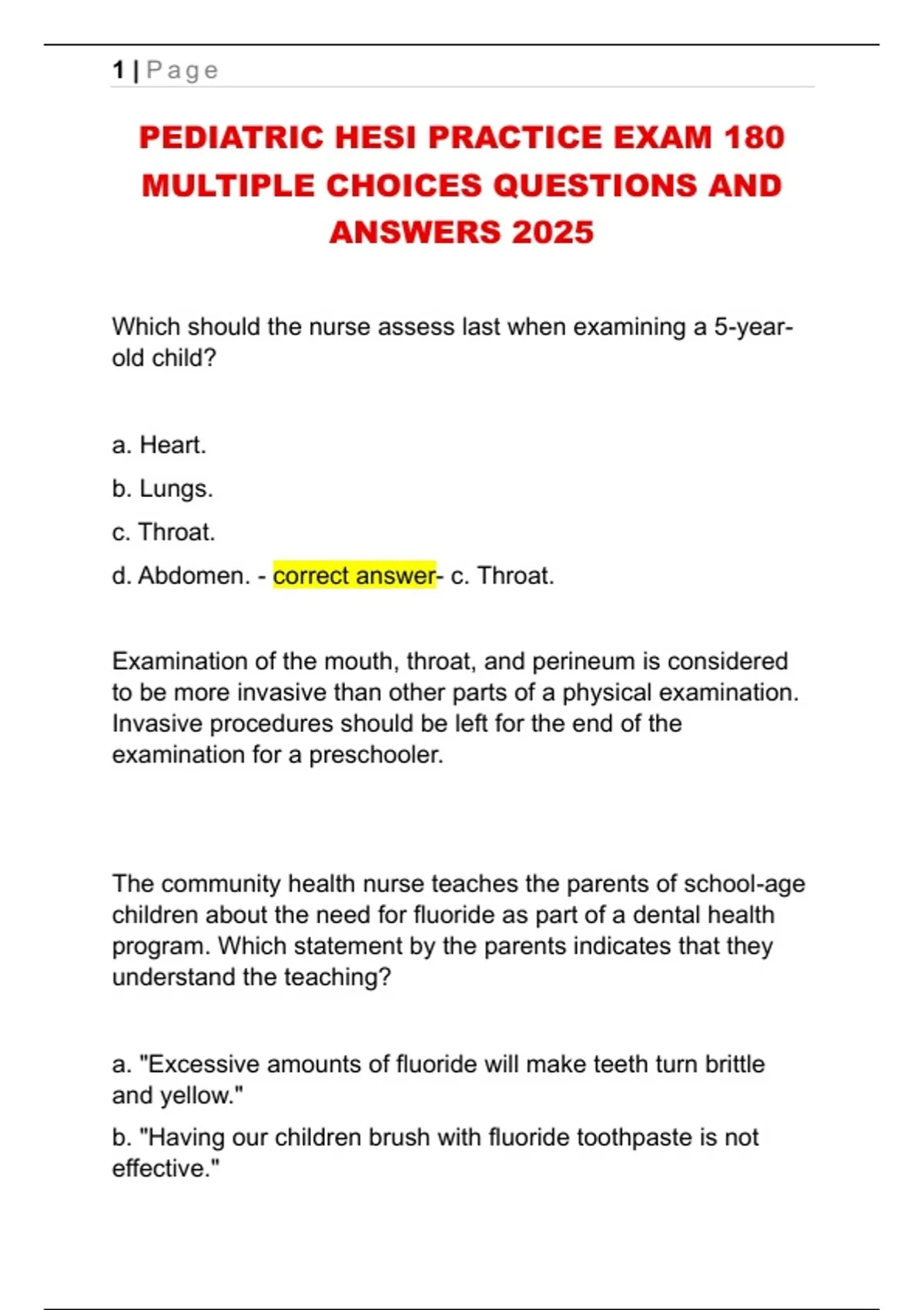 PEDIATRIC HESI PRACTICE EXAM 180 MULTIPLE CHOICES QUESTIONS AND ANSWERS ...