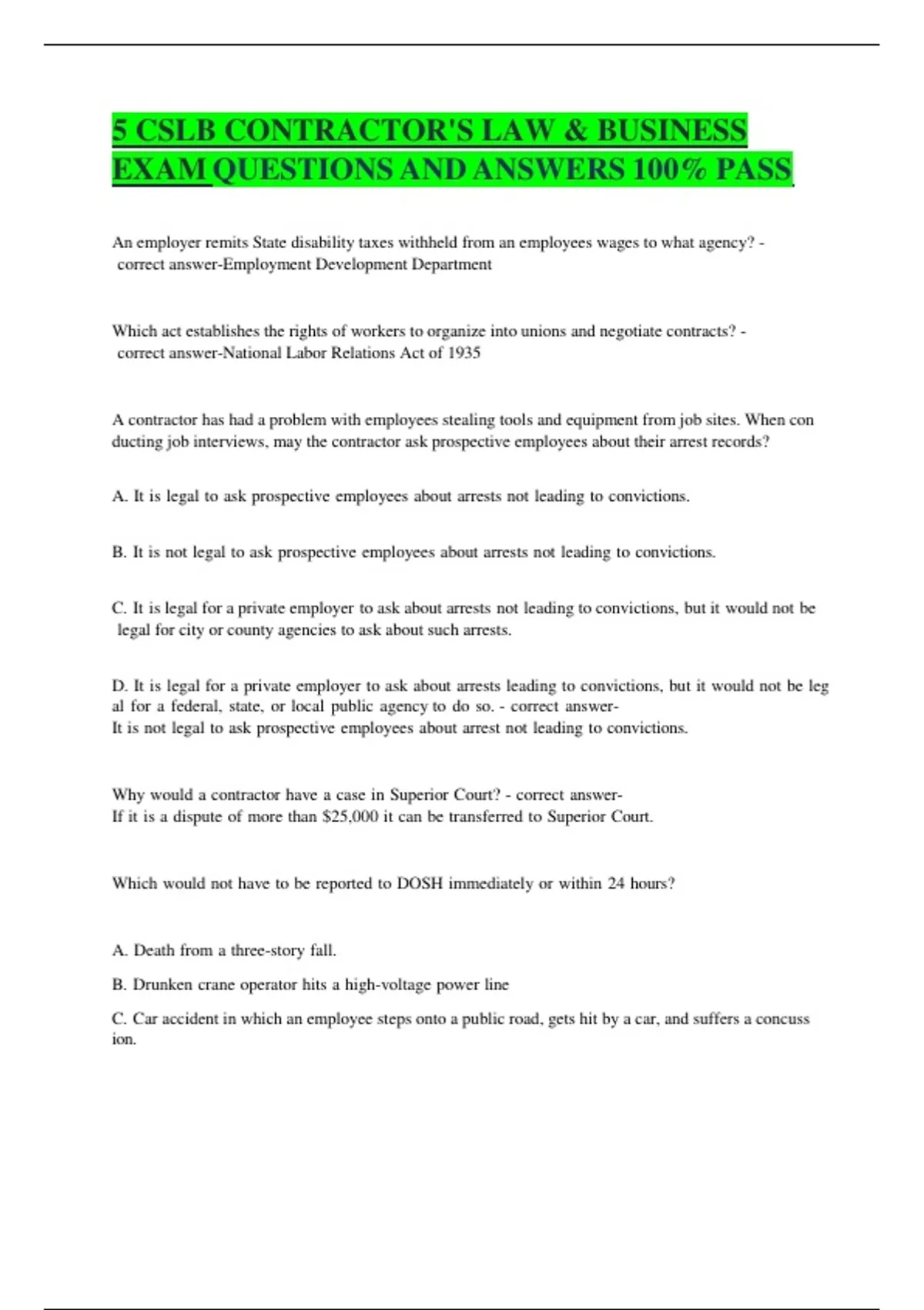 5 CSLB CONTRACTOR'S LAW & BUSINESS EXAM QUESTIONS AND ANSWERS 100% PASS ...