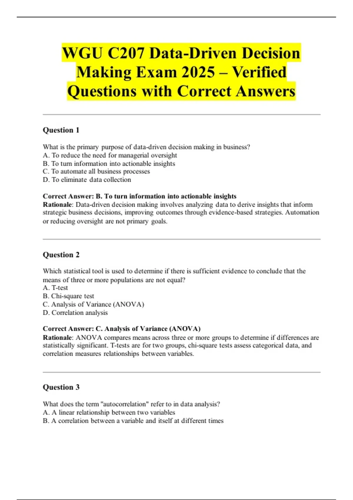 WGU C207 Data-Driven Decision Making Exam 2025 – Verified Questions with Correct Answers - WGU ...