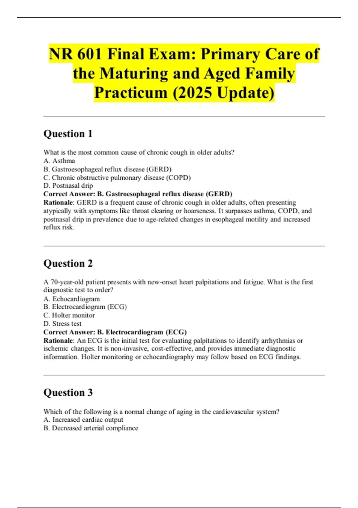 NR 601 Final Exam: Primary Care of the Maturing and Aged Family Practicum (2025 Update) - NR 601 ...