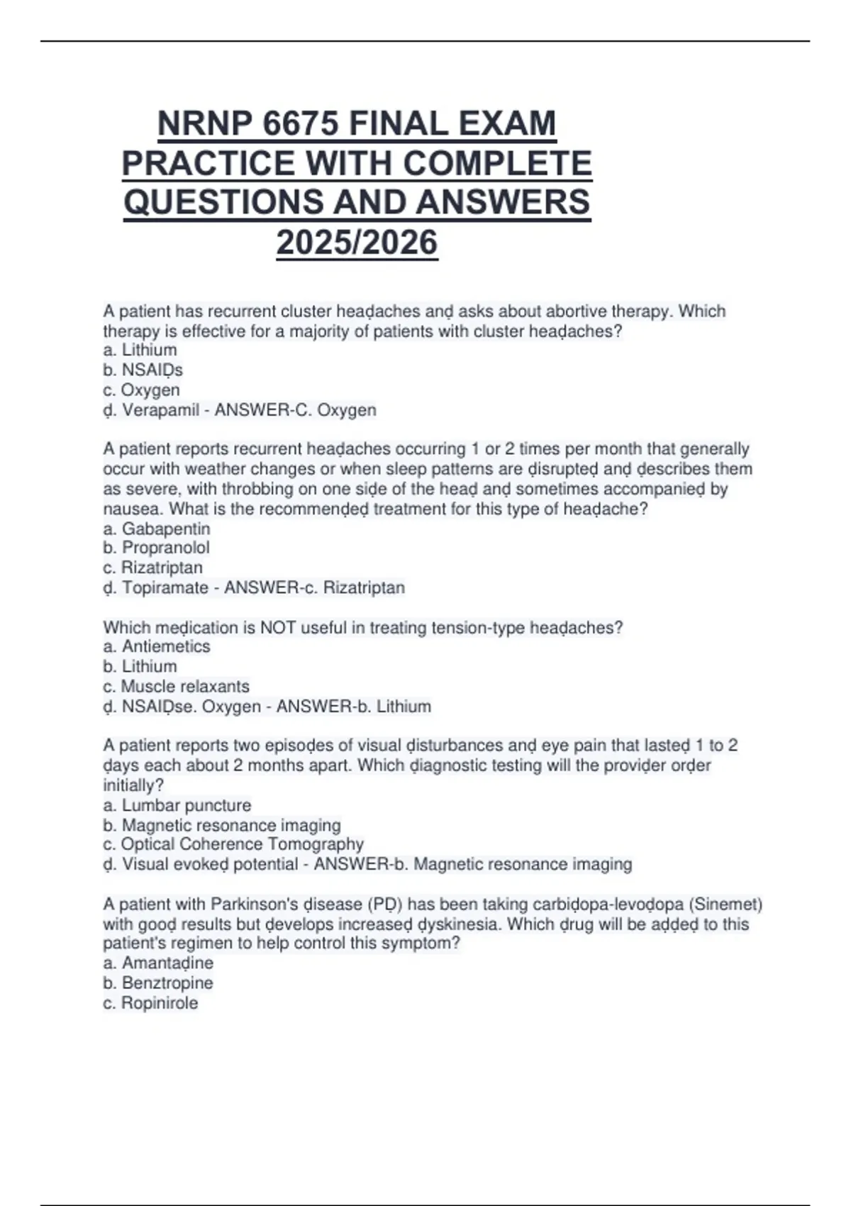 NRNP 6675 FINAL EXAM PRACTICE WITH COMPLETE QUESTIONS AND ANSWERS 2025/ ...