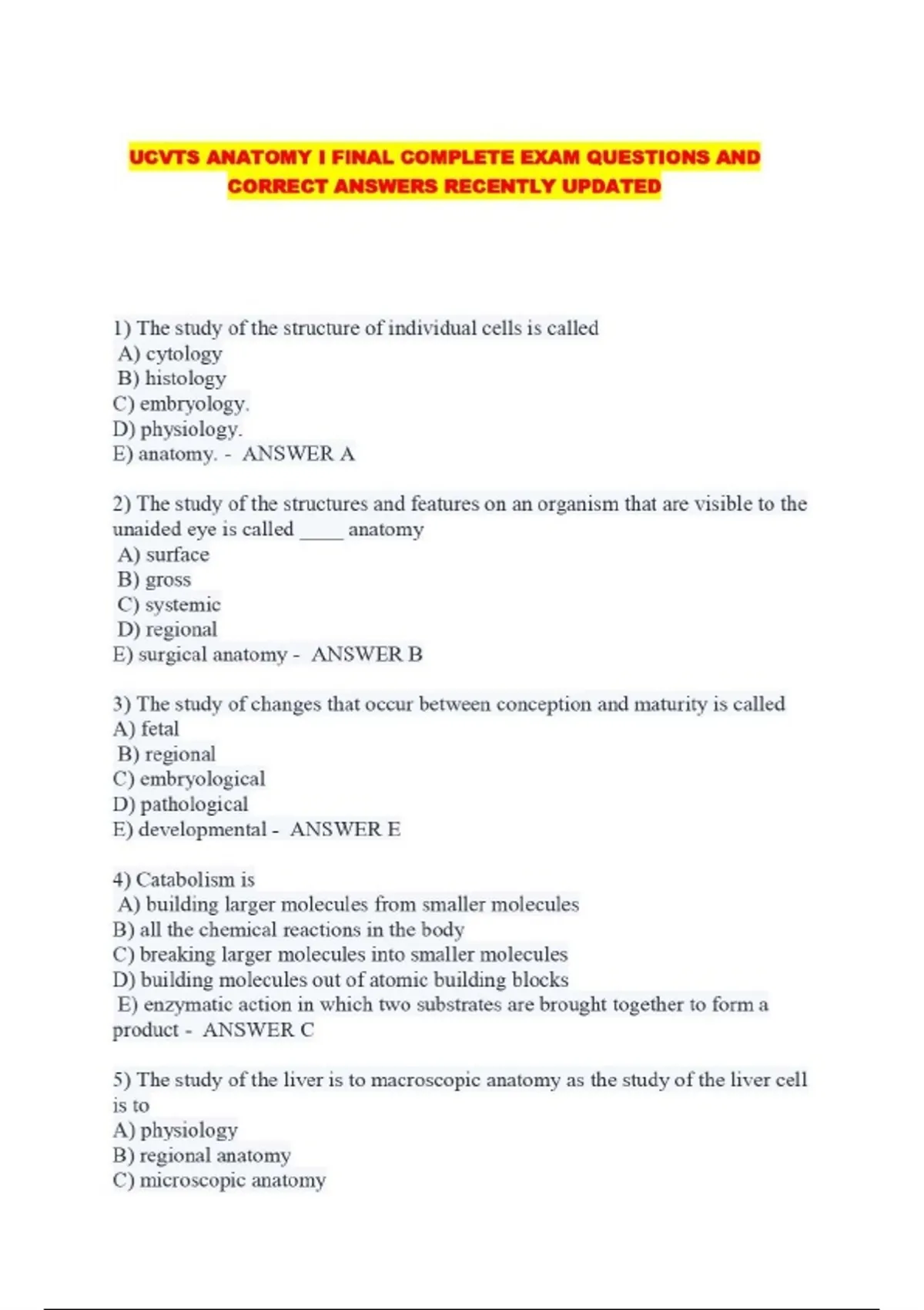 UCVTS ANATOMY I FINAL COMPLETE EXAM QUESTIONS AND CORRECT ANSWERS ...