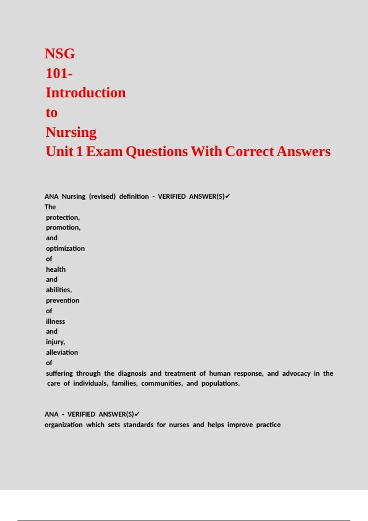 NSG 101- Introduction to Nursing Unit 1 Exam Questions With Correct ...