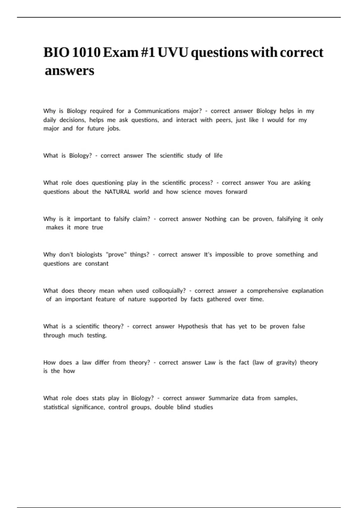 BIO 1010 Exam -1 UVU questions with correct answers - BIO 1010 - Stuvia US