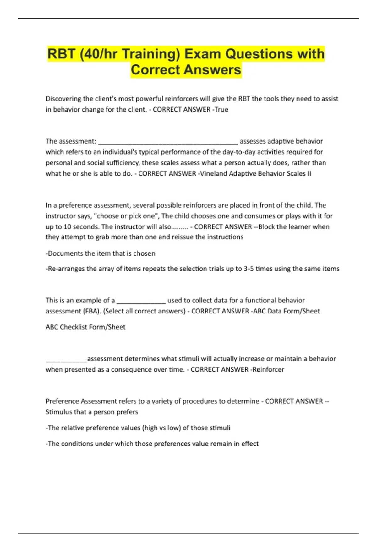 RBT (40/hr Training) Exam Questions with Correct Answers - 40 Hour RBT ...