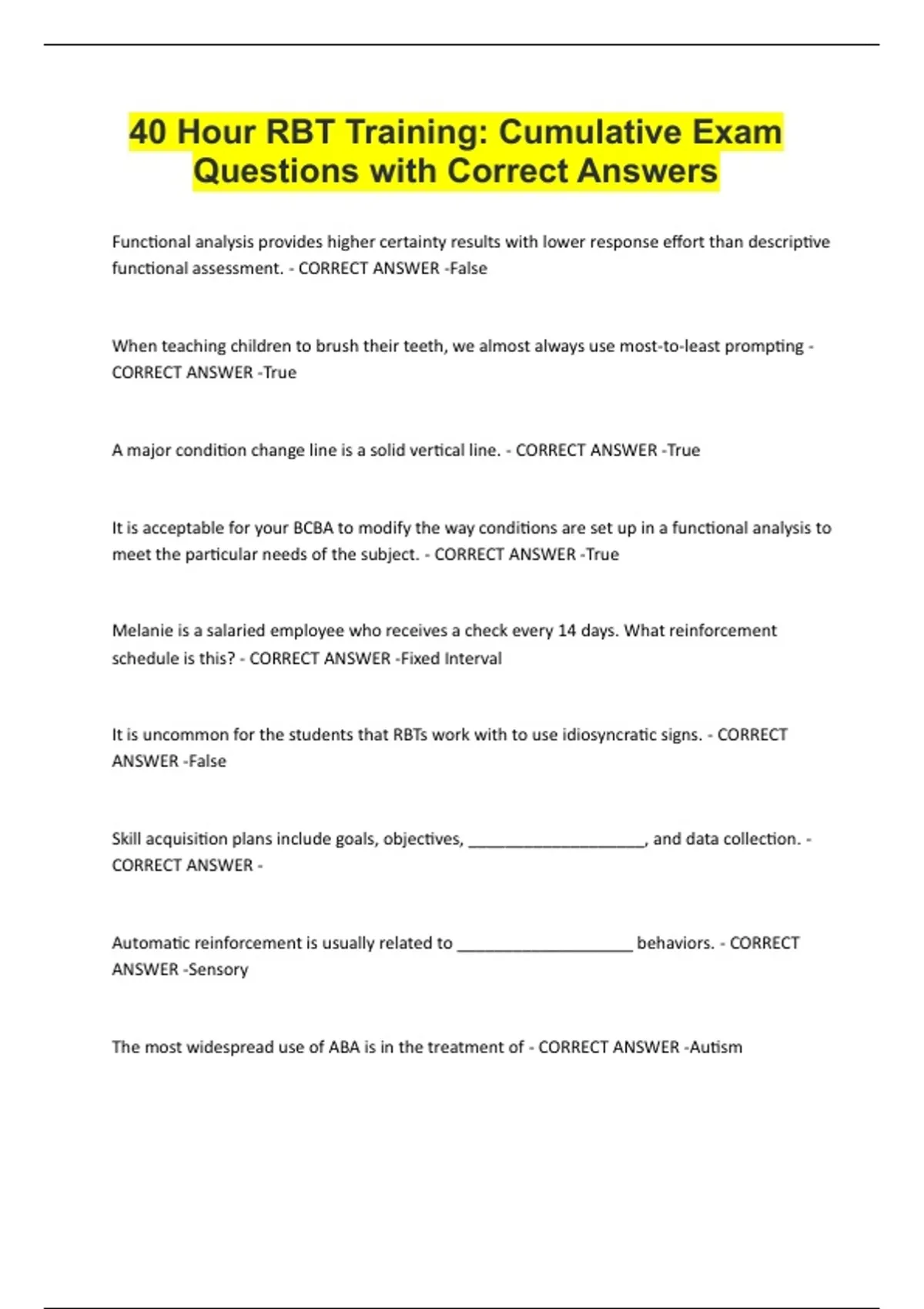 40 Hour RBT Training: Cumulative Exam Questions with Correct Answers ...