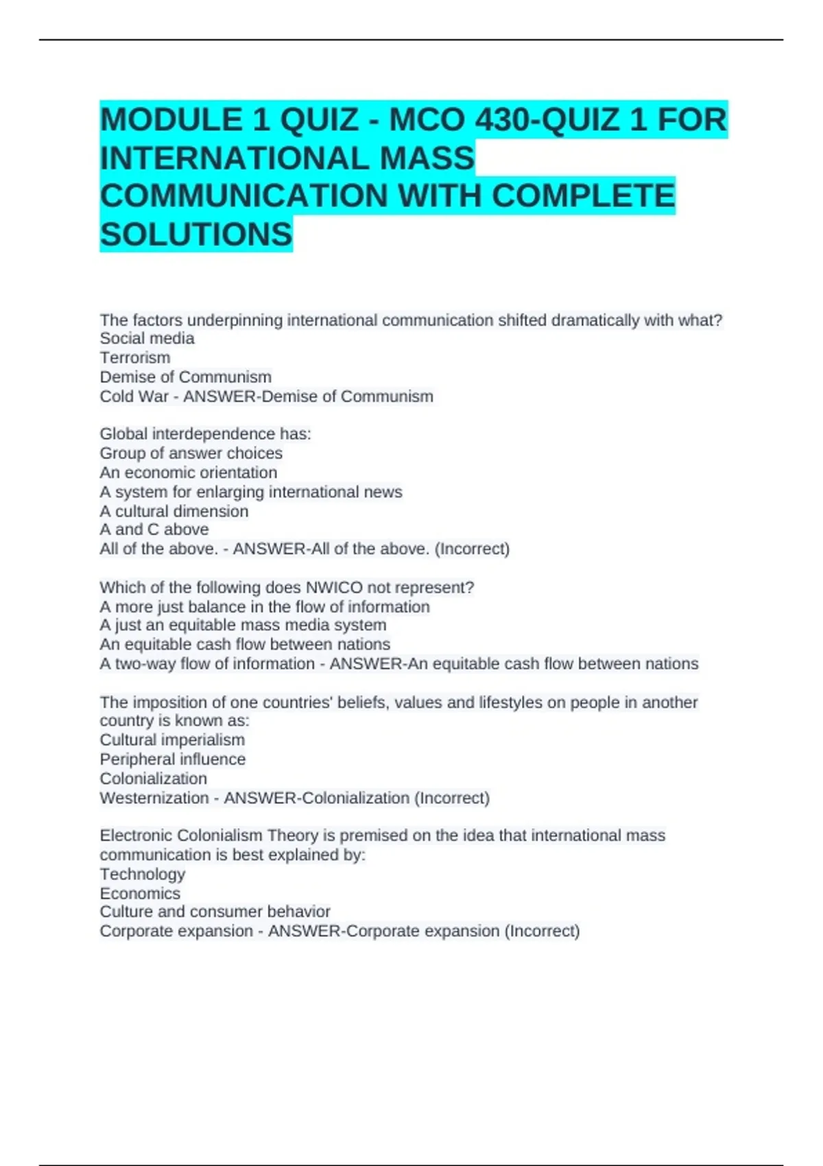 MODULE 1 QUIZ - MCO 430-QUIZ 1 FOR INTERNATIONAL MASS COMMUNICATION ...