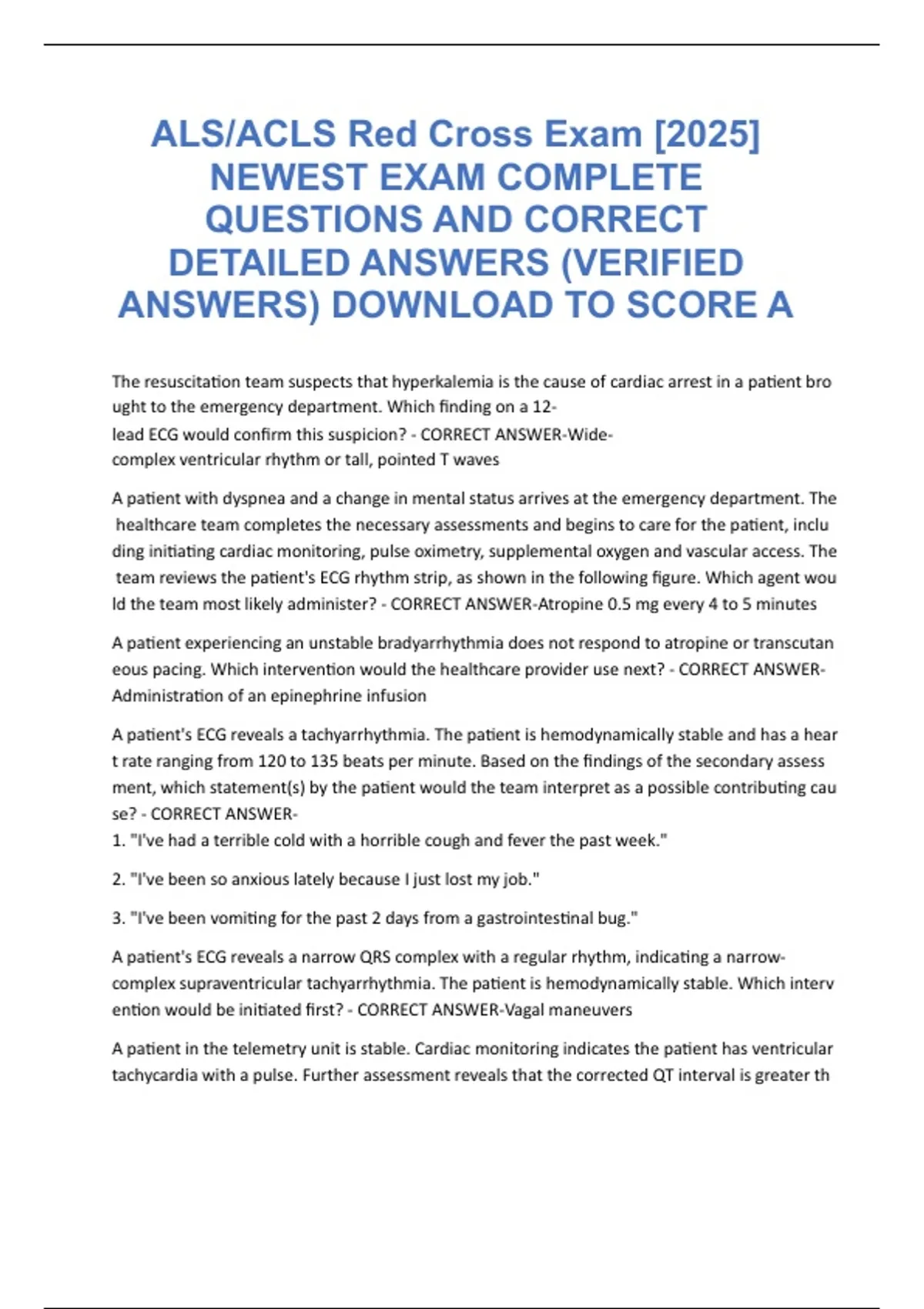 ALS -ACLS Red Cross Exam 2025 NEWEST EXAM COMPLETE QUESTIONS AND ...