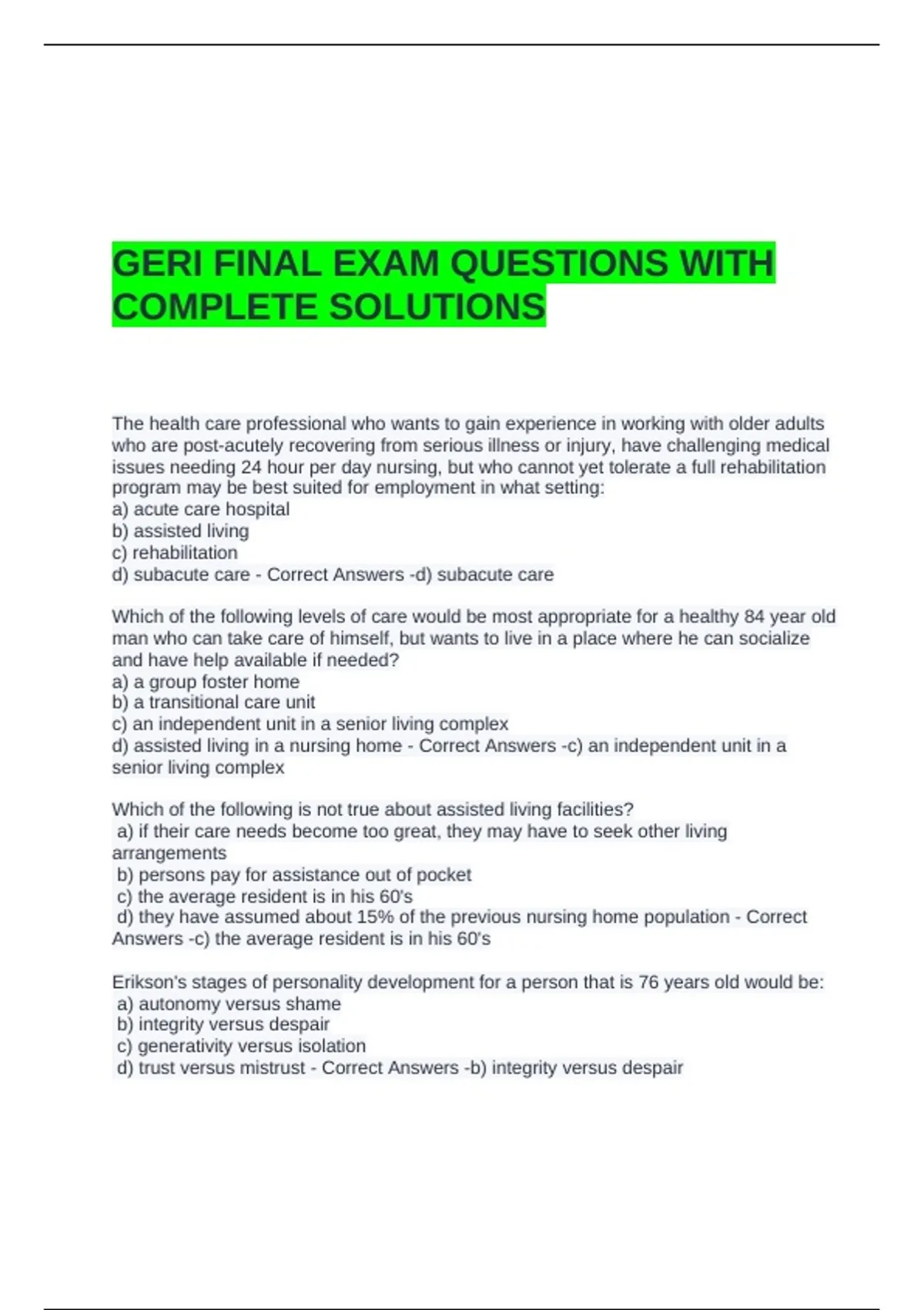 GERI FINAL EXAM QUESTIONS WITH COMPLETE SOLUTIONS - GERI - Stuvia US