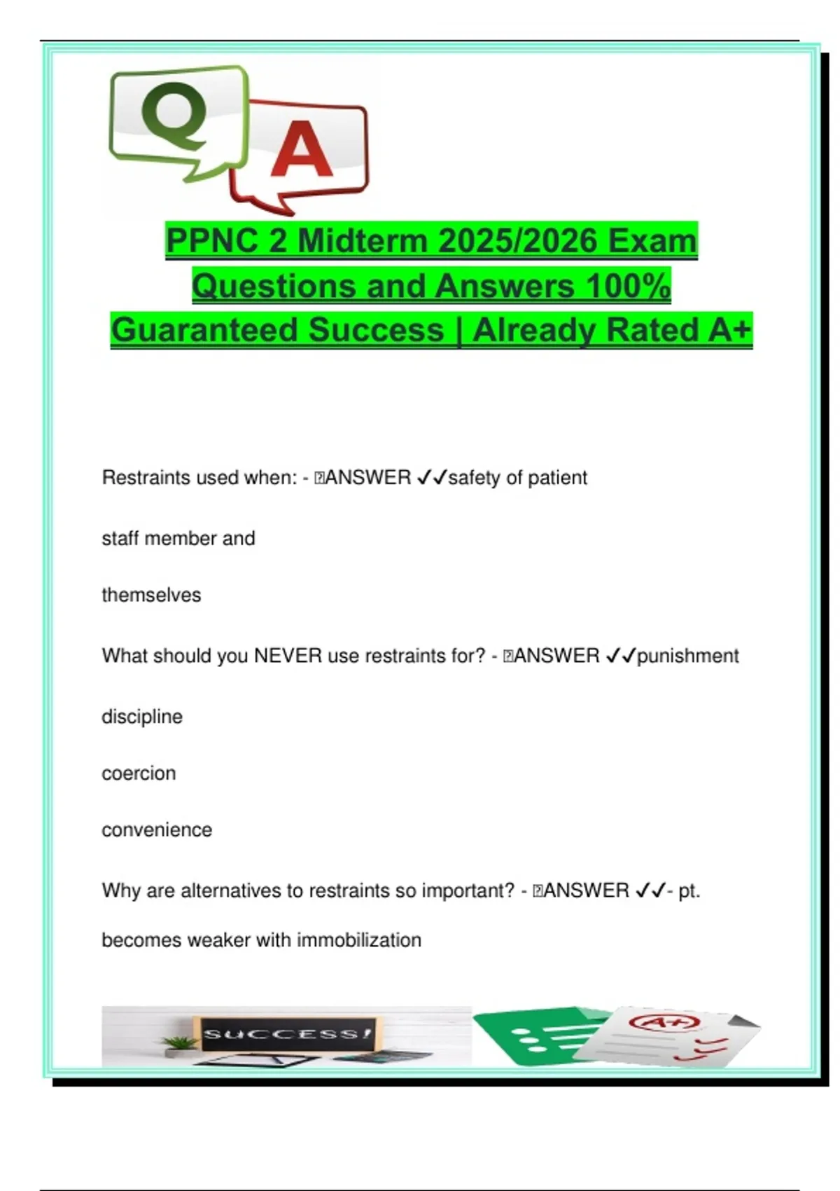 PPNC 2 Midterm 2025/2026 – 120 Exam Questions with Answers | Restraints, Infection Control ...