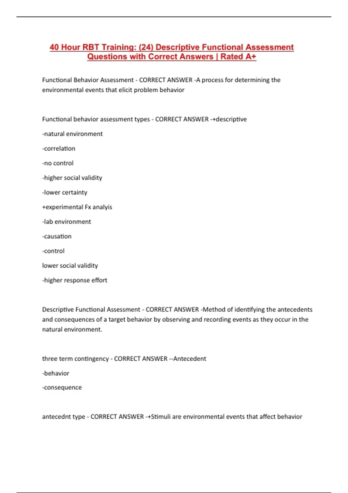 40 Hour RBT Training: (24) Descriptive Functional Assessment Questions ...