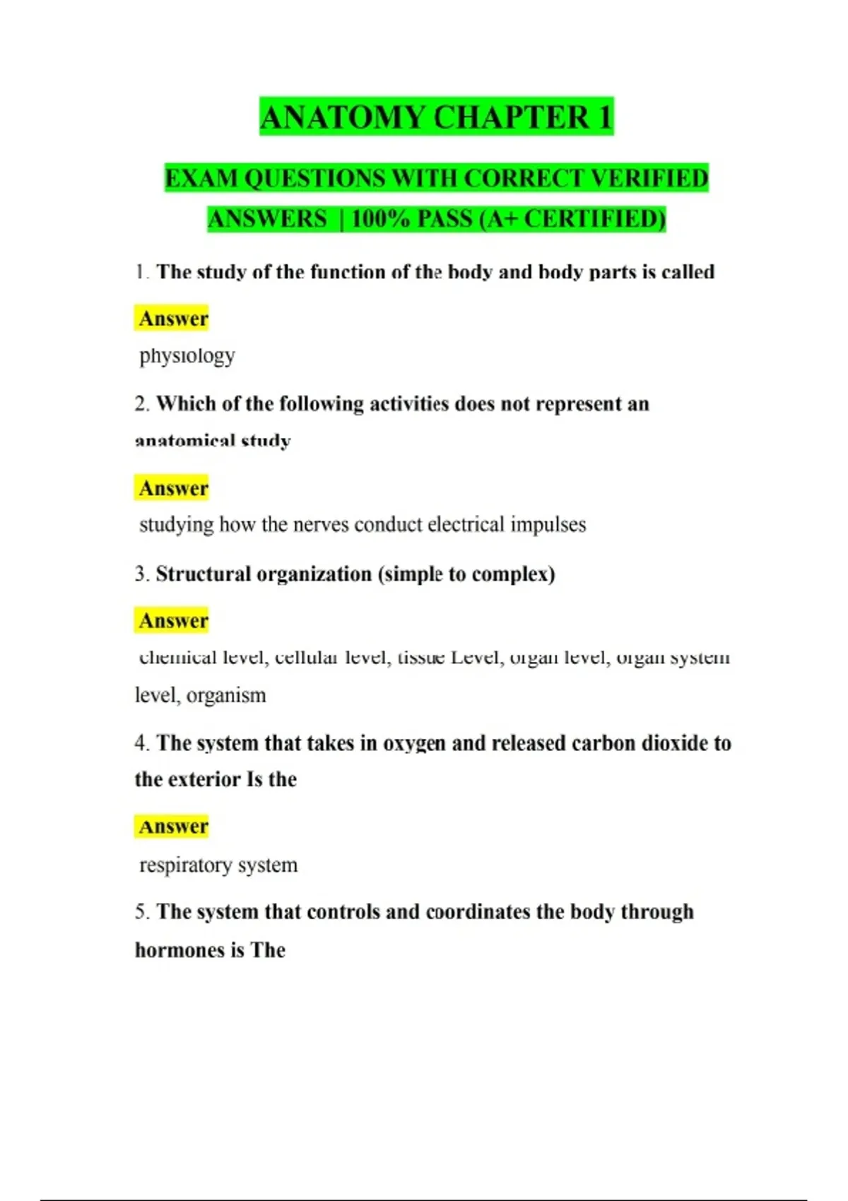 ANATOMY CHAPTER 1 EXAM QUESTIONS WITH CORRECT VERIFIED ANSWERS | 100% ...