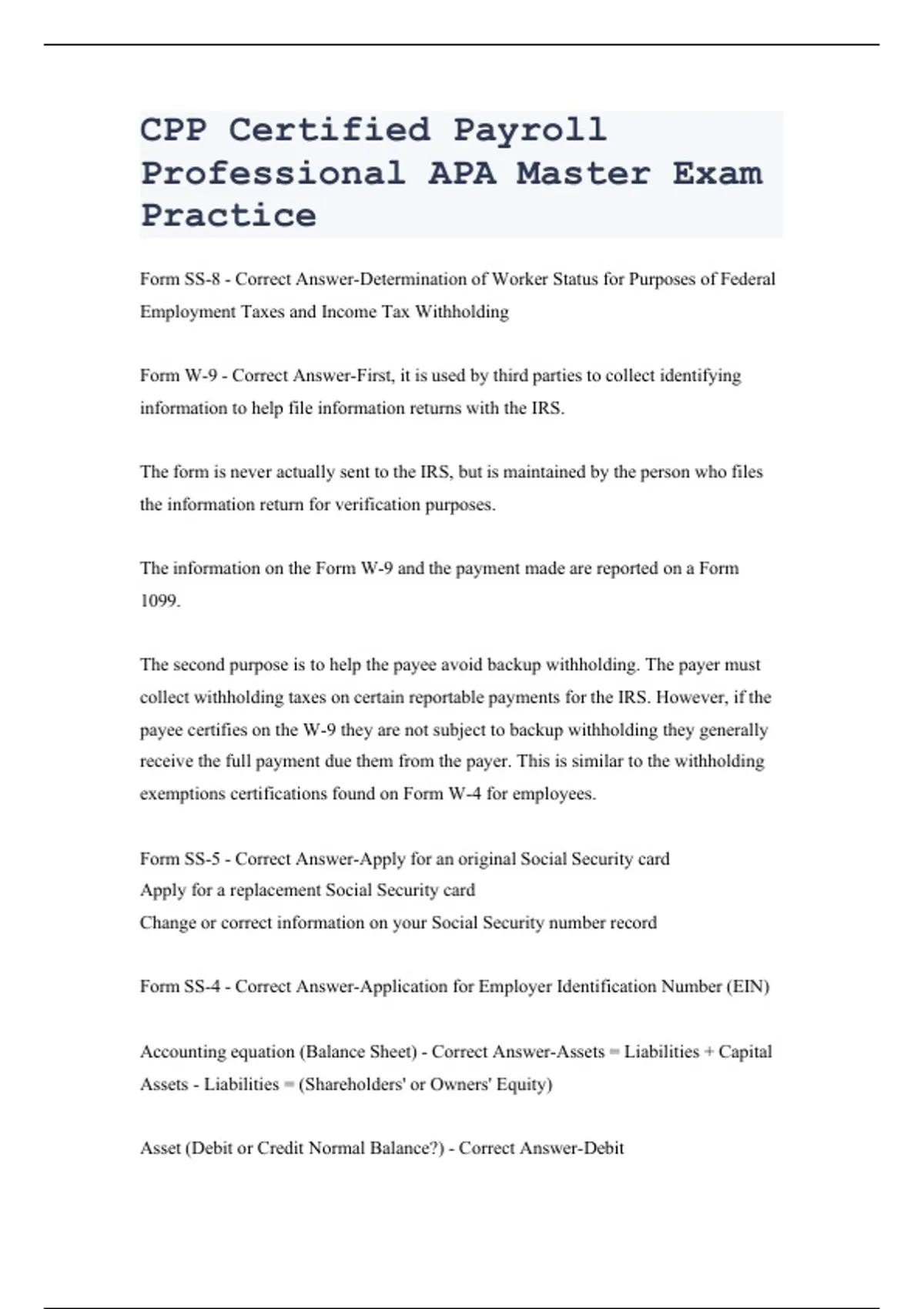 CPP Certified Payroll Professional – APA Master Exam Practice Questions and Answers (2024 ...