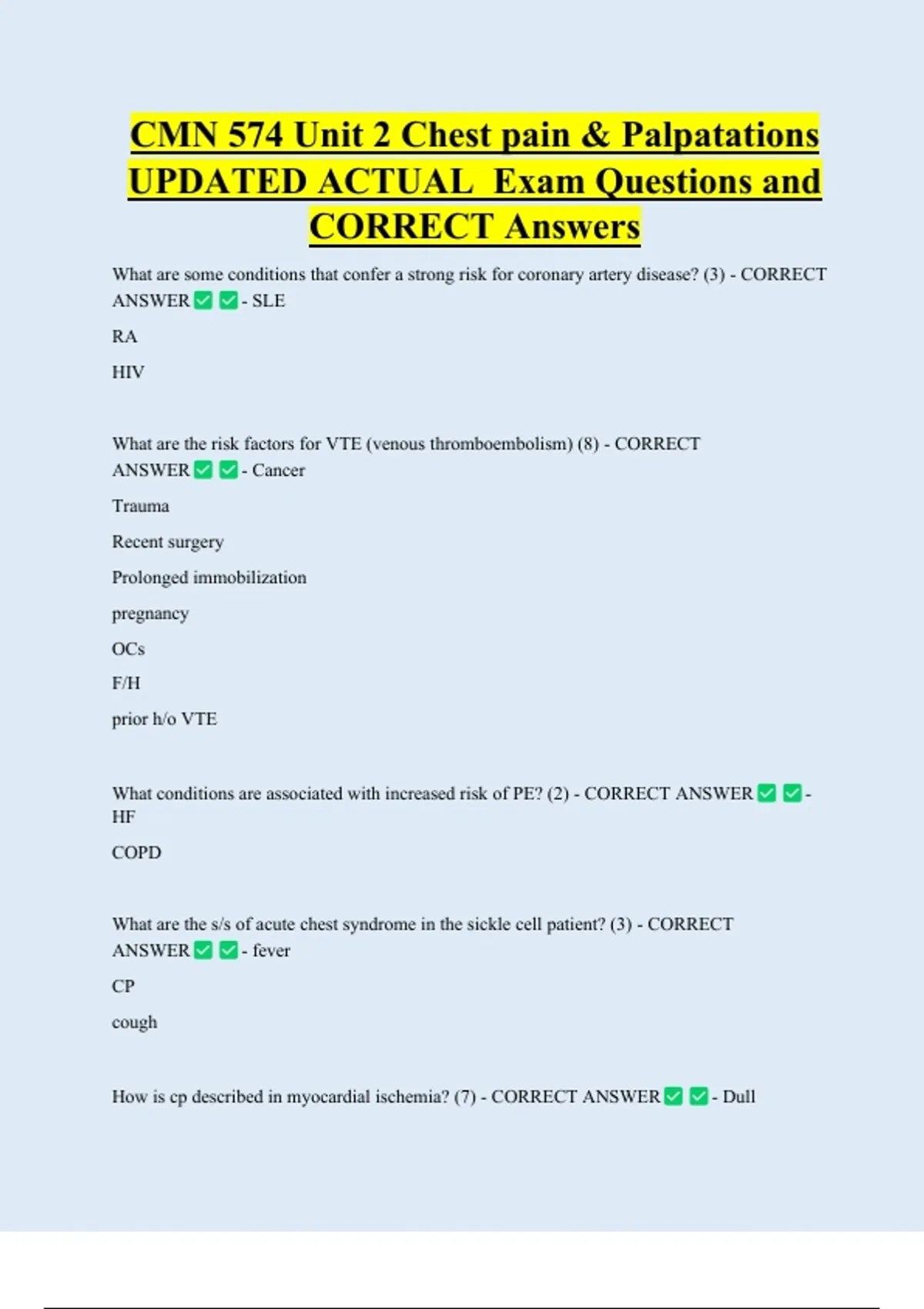 CMN 574 Unit 2 Chest pain & Palpatations UPDATED ACTUAL Exam Questions ...