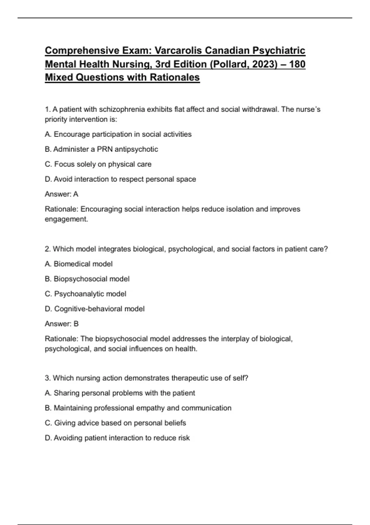 Comprehensive Exam: Varcarolis Canadian Psychiatric Mental Health ...