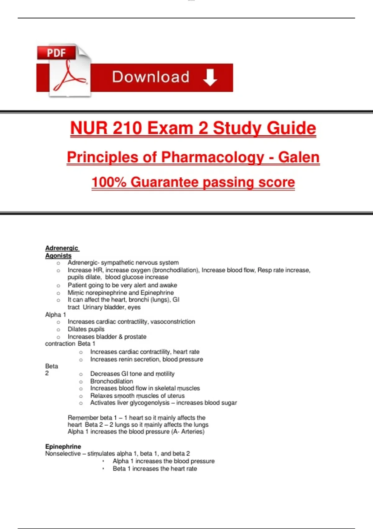 NUR 210 Exam 2 Study Guide Principles of Pharmacology - Galen 100% ...