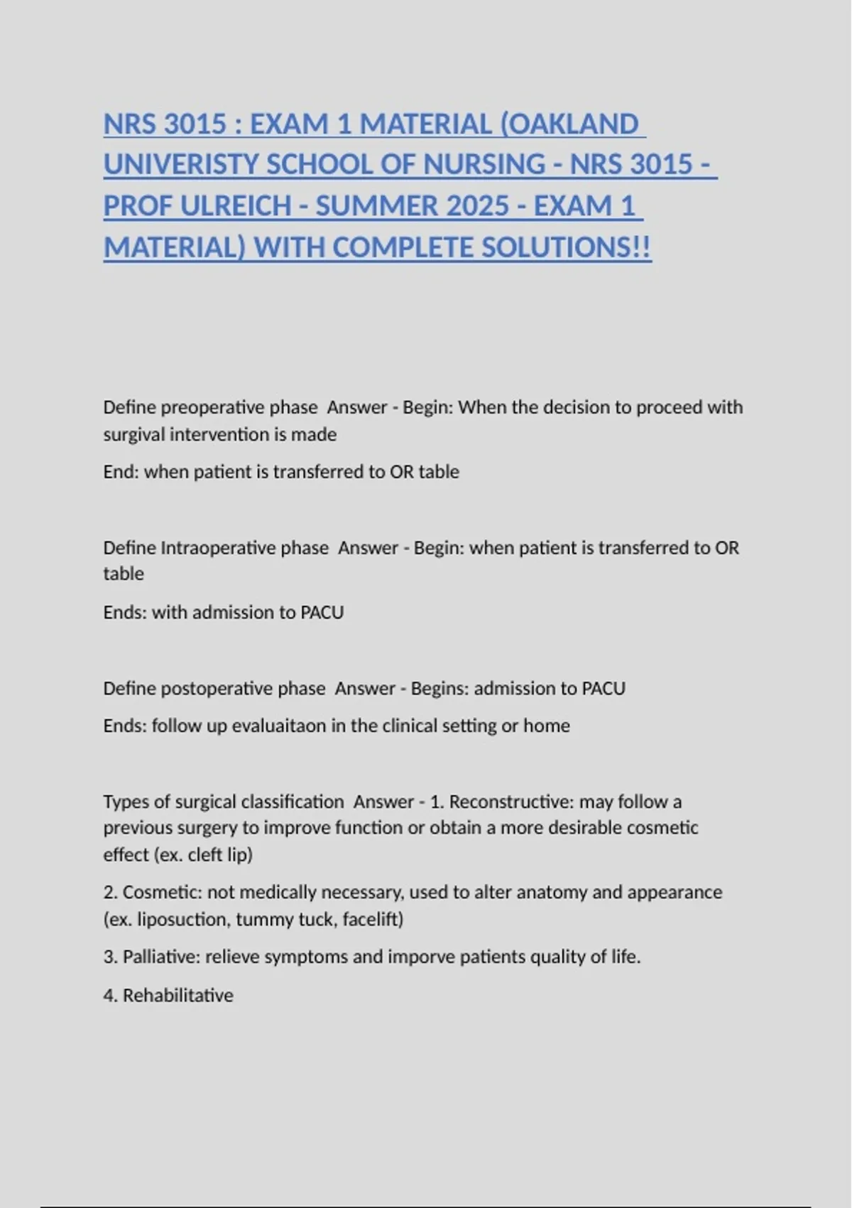 NRS 3015 : EXAM 1 MATERIAL (OAKLAND UNIVERISTY SCHOOL OF NURSING - NRS ...
