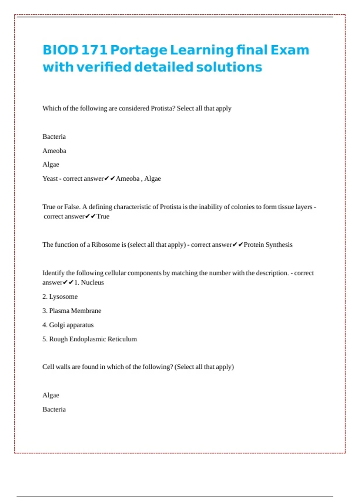 BIOD 171 Portage Learning final Exam with verified detailed solutions - BIO 171 - Stuvia US