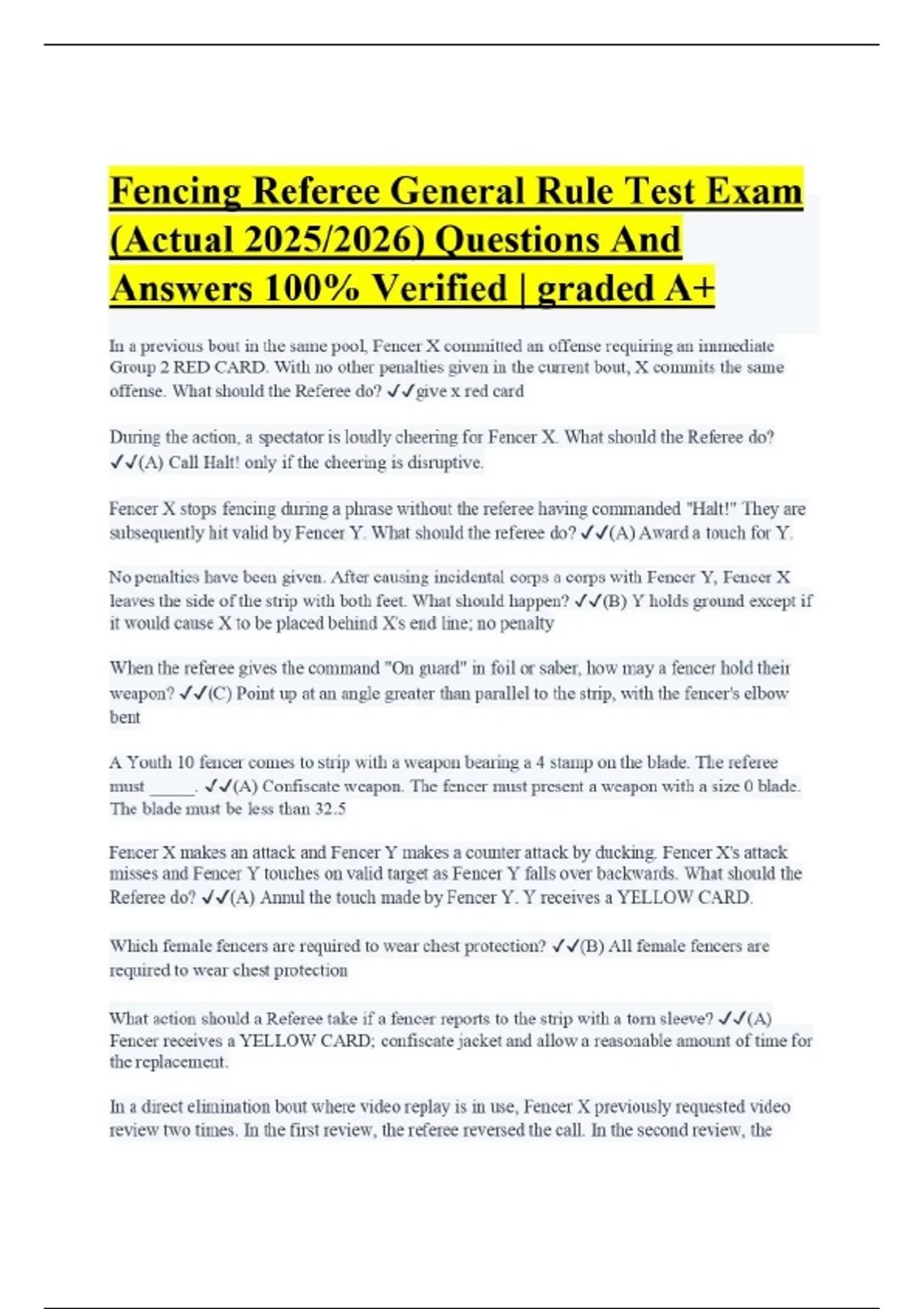 Fencing Referee General Rule Test Exam (Actual 2025/2026) Questions And ...