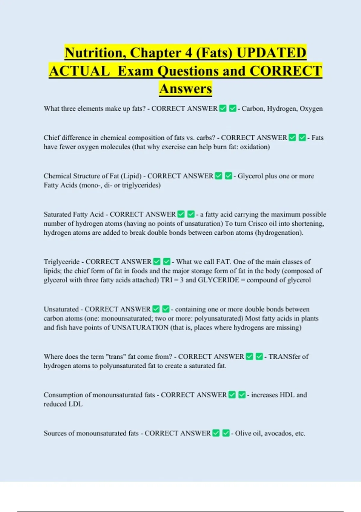 Nutrition, Chapter 4 (Fats) UPDATED ACTUAL Exam Questions and CORRECT ...