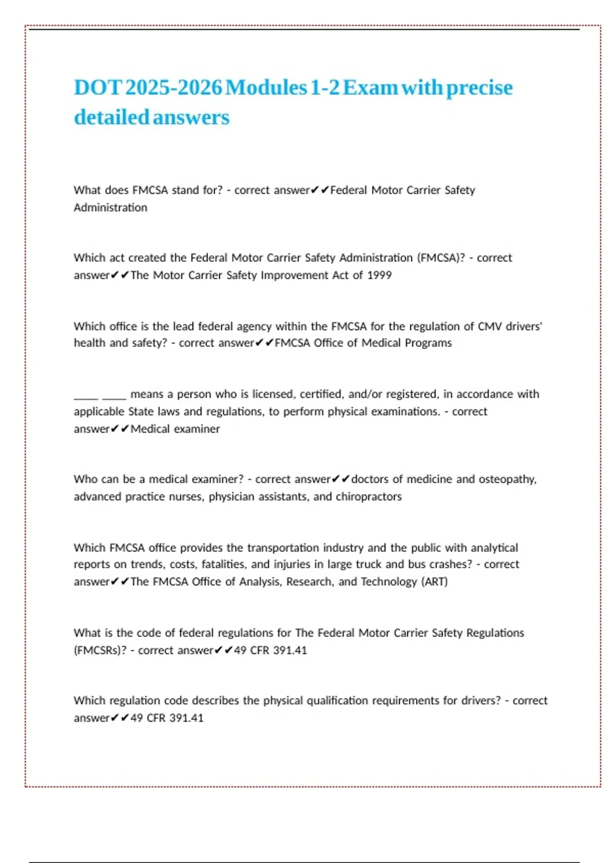 DOT Modules 1-2 Exam with precise detailed answers - DOT - Stuvia US
