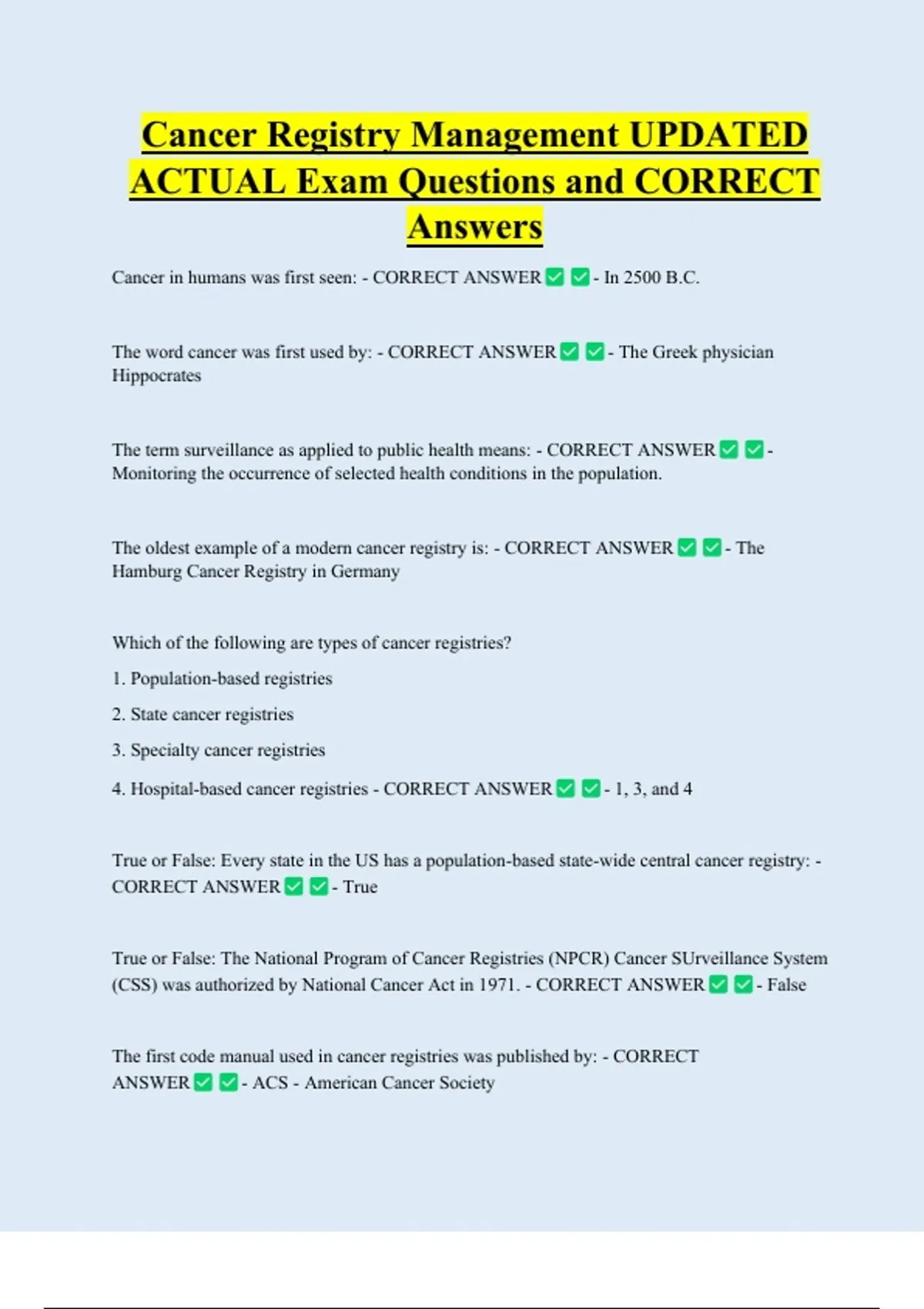 Cancer Registry Bundled Exam Questions WITH CORRECT Answers - Stuvia US