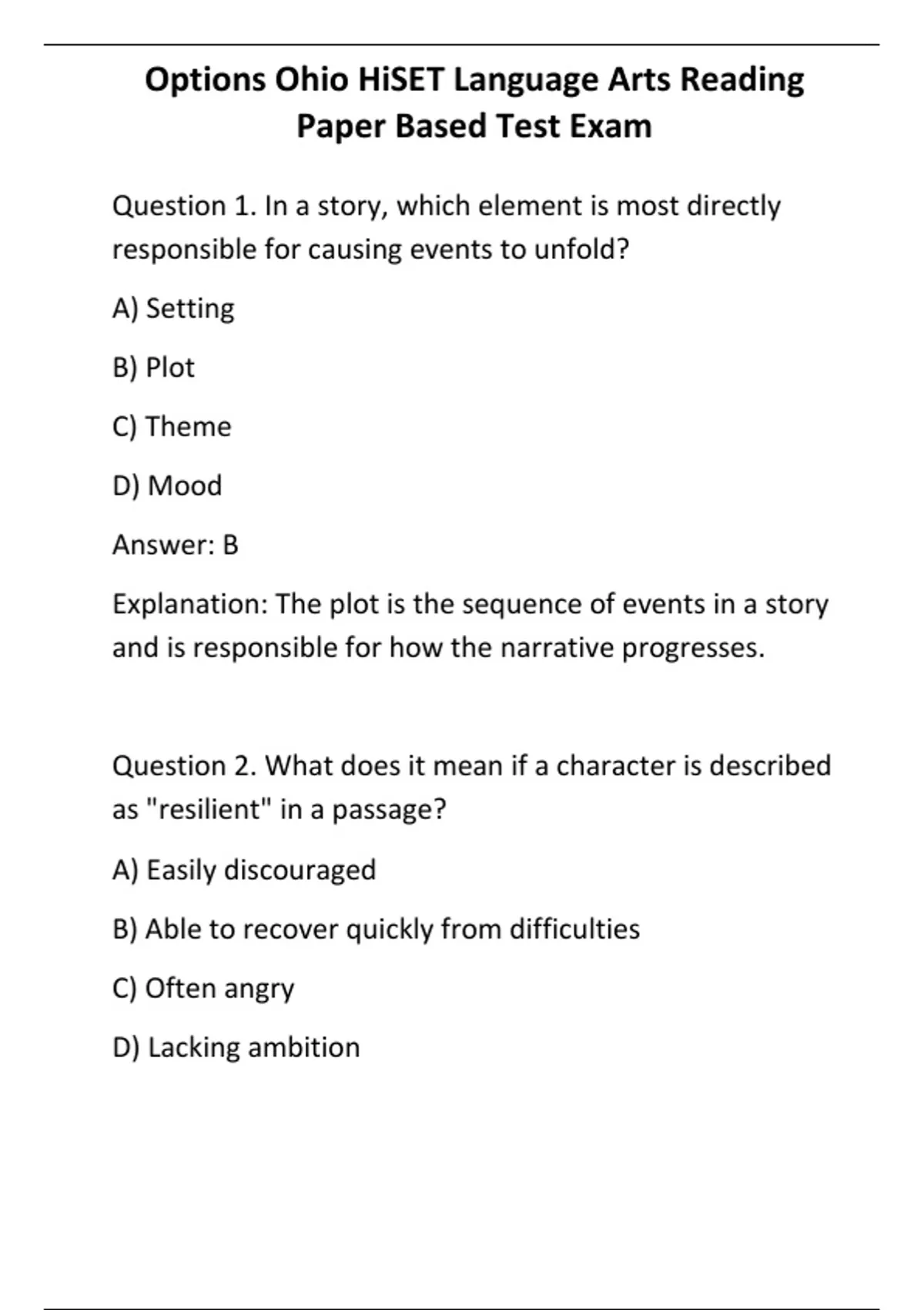 Options Ohio HiSET Language Arts Reading Paper Based Test Exam ...