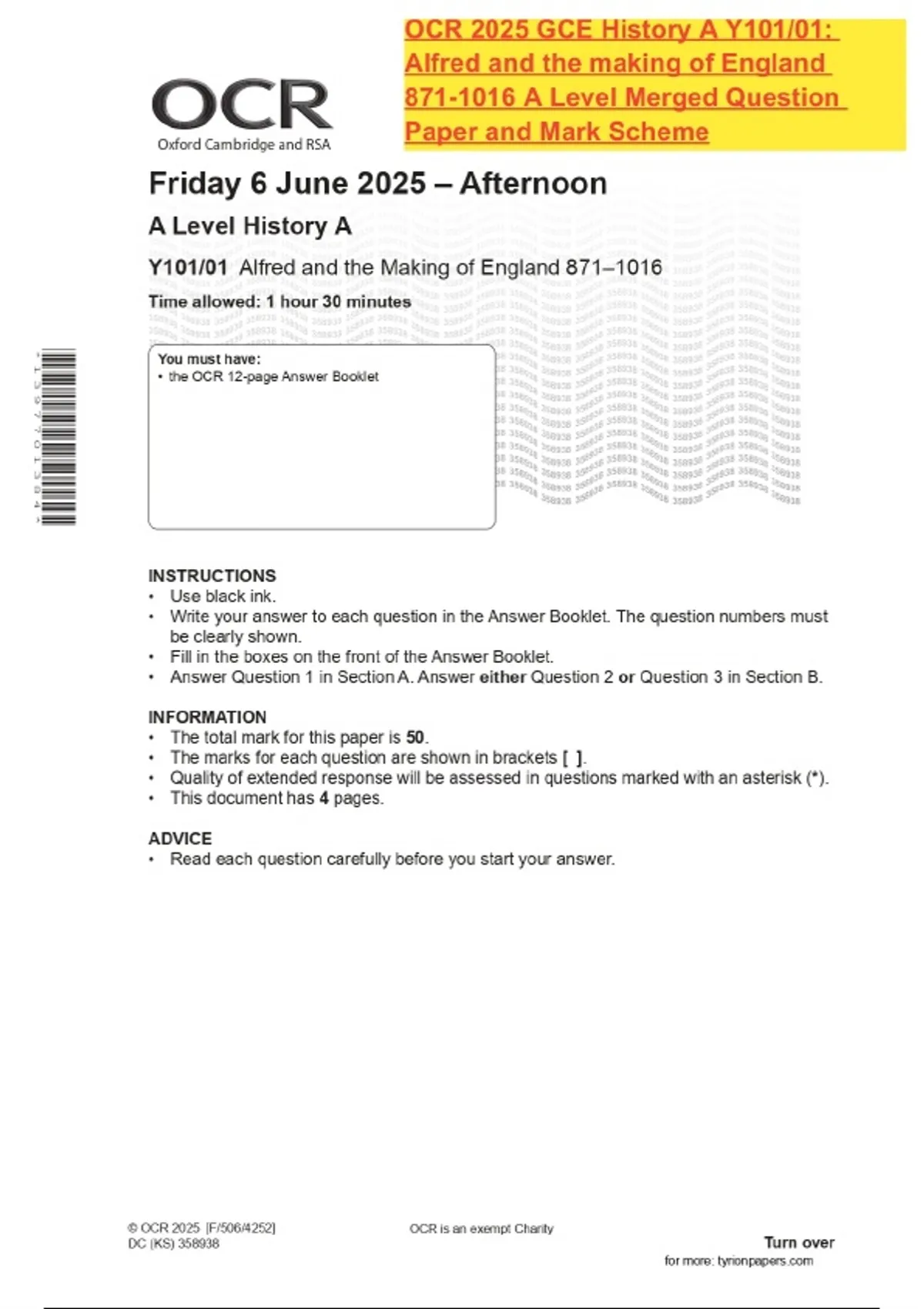 OCR 2025 GCE History A Y101/01: Alfred and the making of England 871 ...