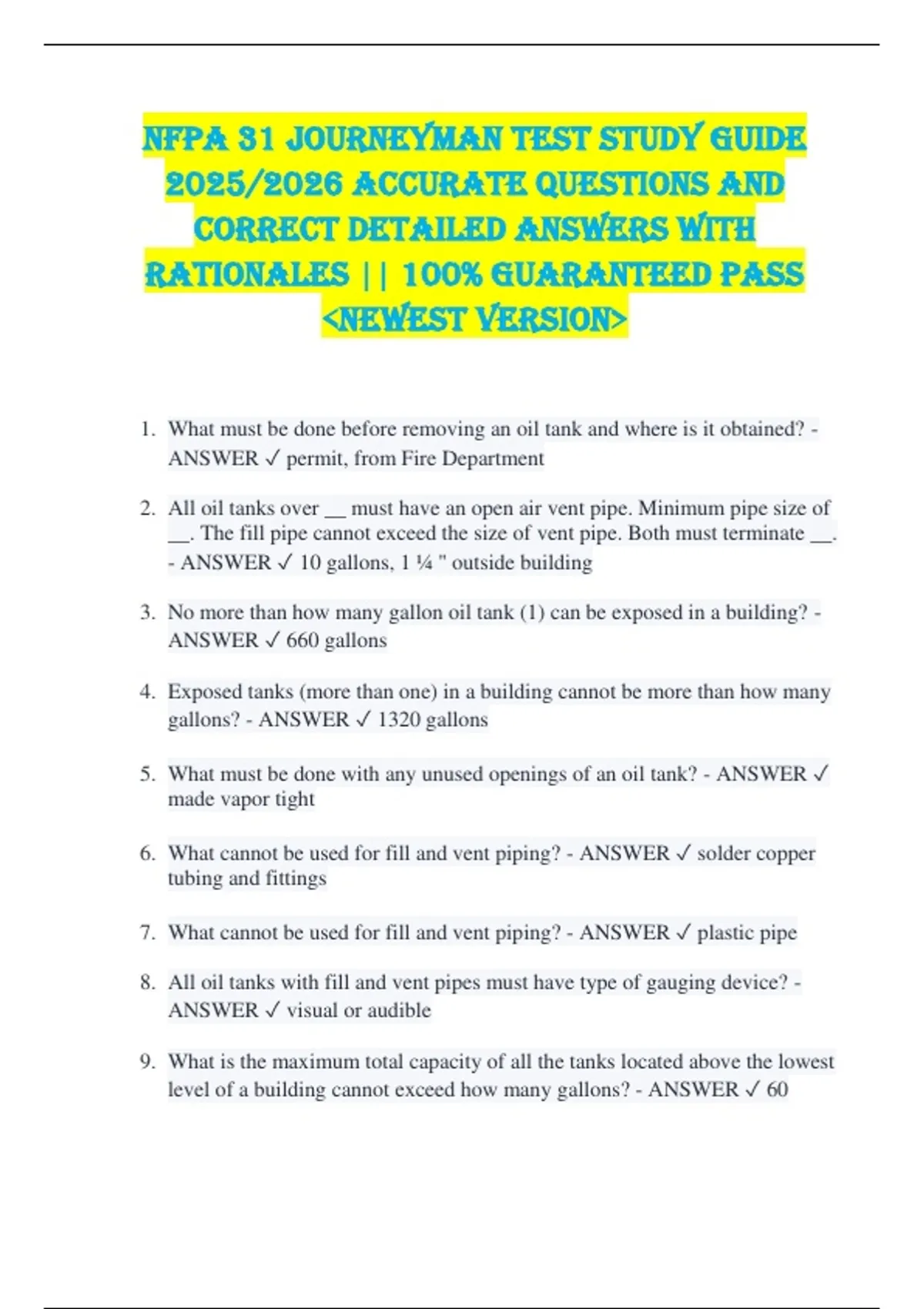 NFPA 31 Journeyman TEST STUDY GUIDE 2025/2026 ACCURATE QUESTIONS AND ...