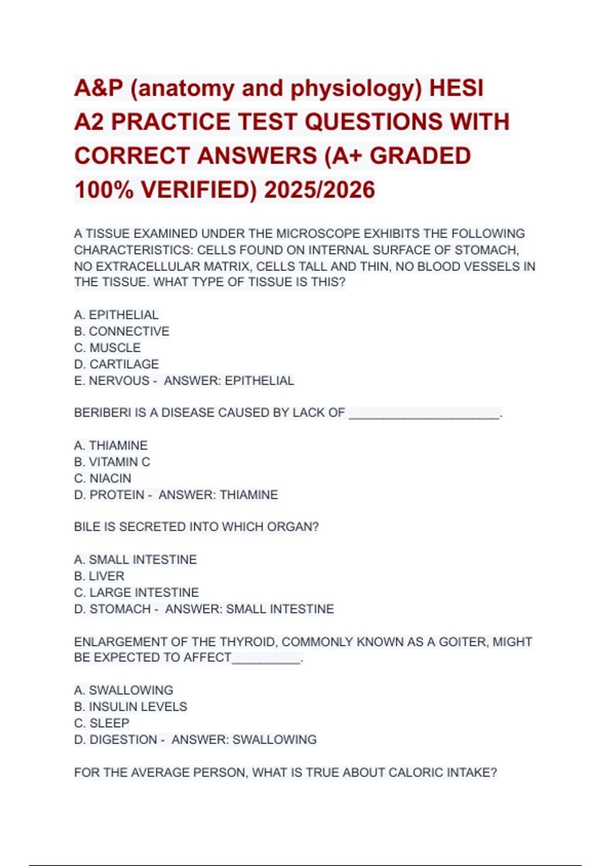 HESI A2 Anatomy & Physiology Actual Exam Questions and correct Answers ...